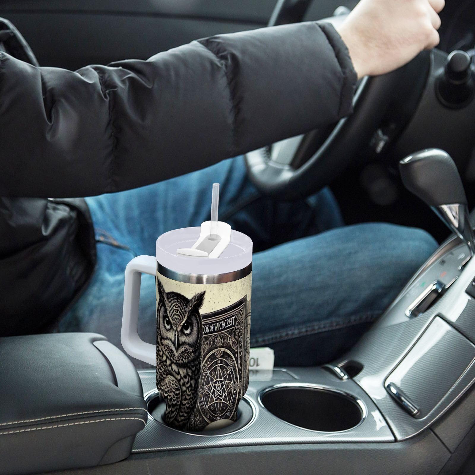 ODAWA Mystic Owl Skull Coffee Tumbler with Lid and Straw Insulated Mug 30 Oz Stainless Steel Water Bottles