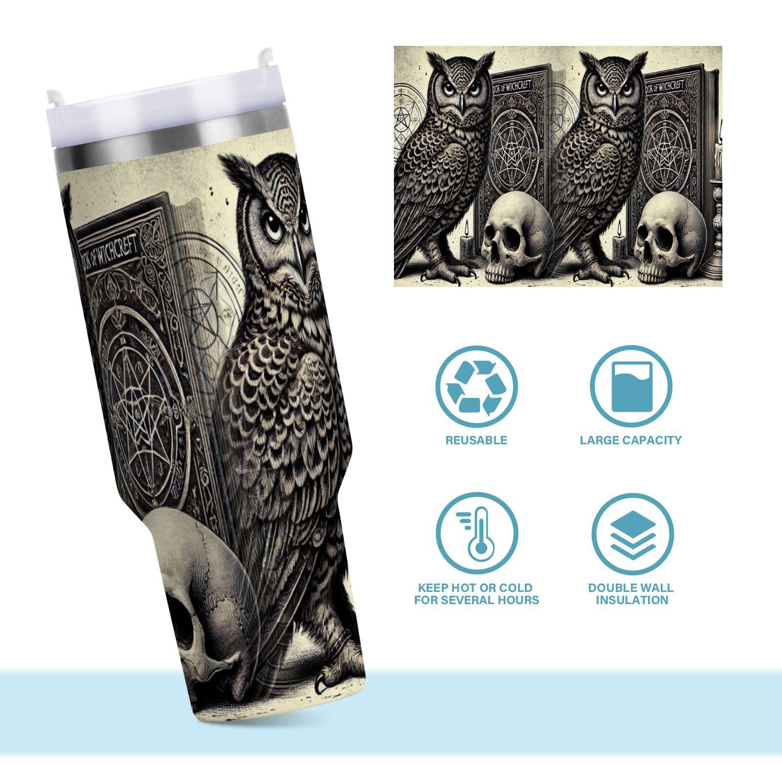 ODAWA Mystic Owl Skull Coffee Tumbler with Lid and Straw Insulated Mug 30 Oz Stainless Steel Water Bottles