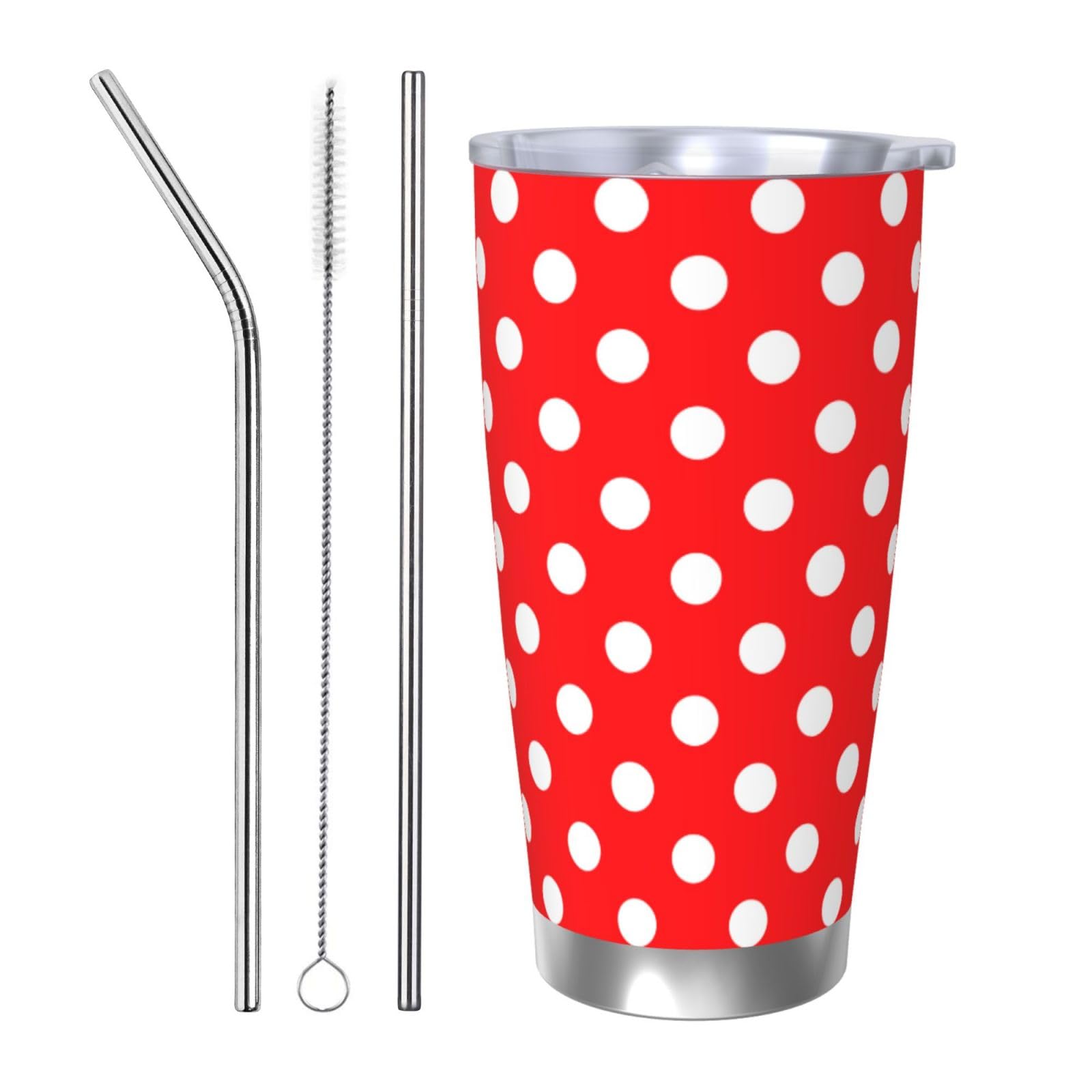 Groamaup 20oz Red White Polka Dot Stainless Steel Insulated Tumbler with Lid and 3pcs Straw Sets, Car Cup for Cold and Hot Drinks, Coffee Mug for Travel Office and Home Use