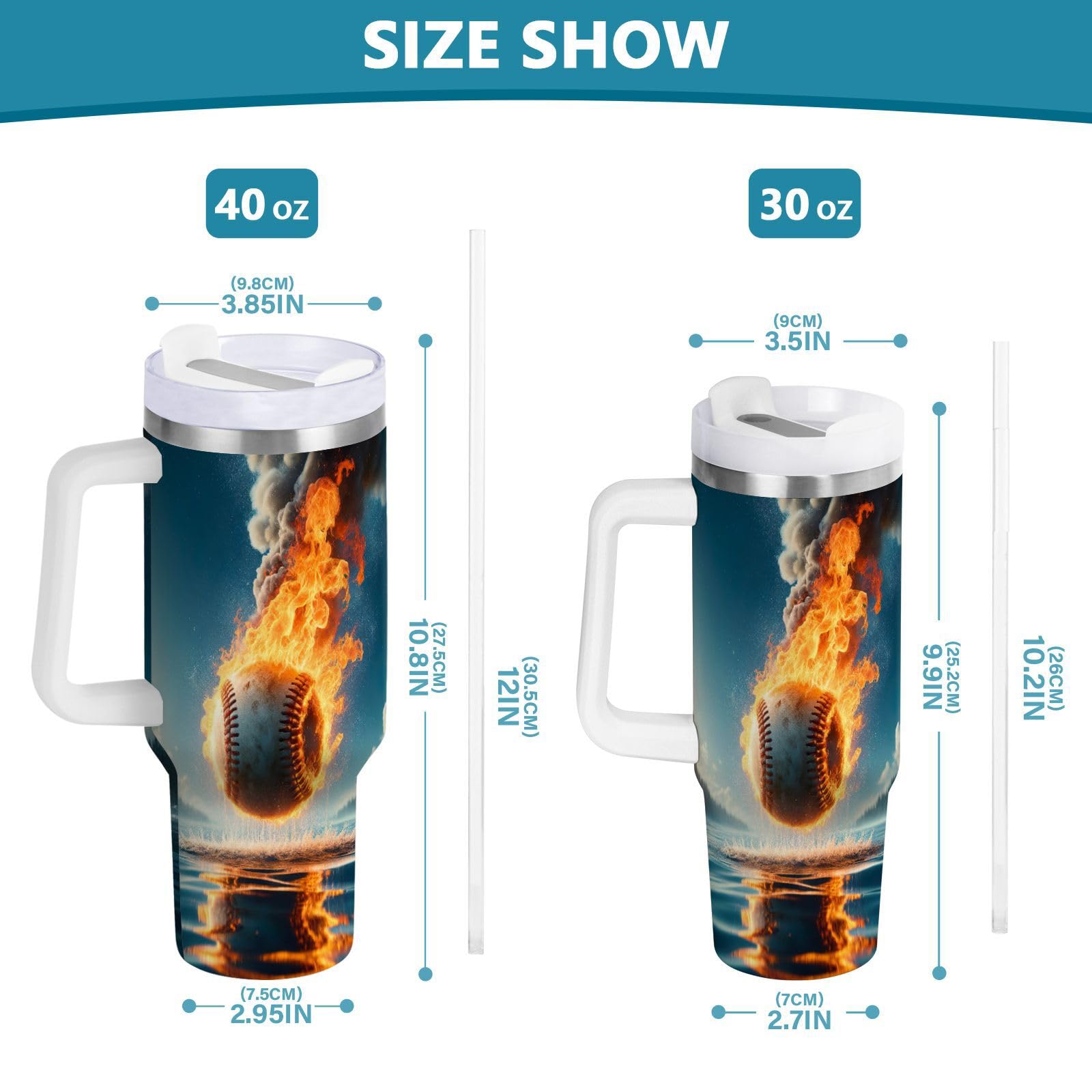 ODAWA Fire Water Baseball 30 Oz Water Tumbler with Lid and Straw Insulated Cup