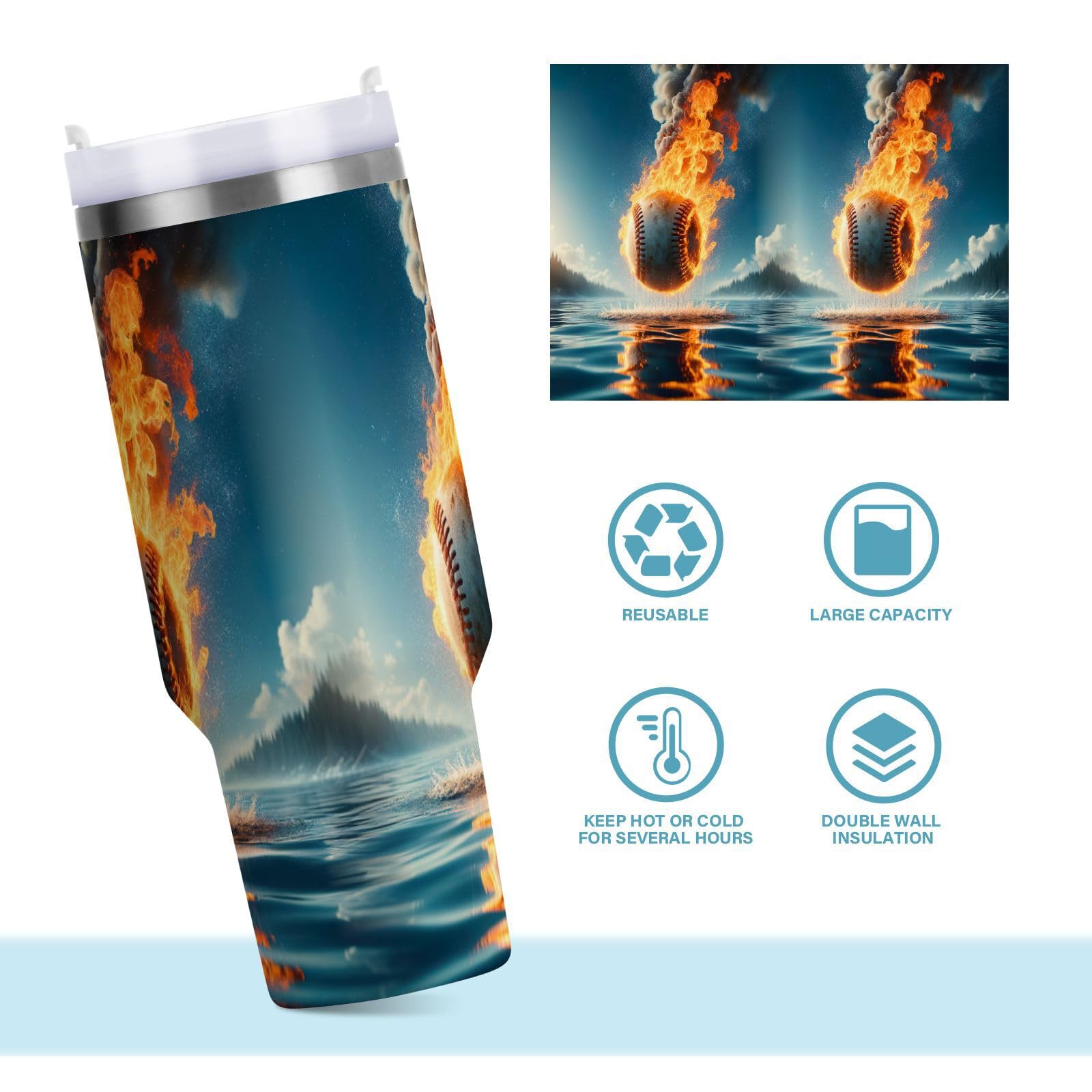 ODAWA Fire Water Baseball 30 Oz Water Tumbler with Lid and Straw Insulated Cup