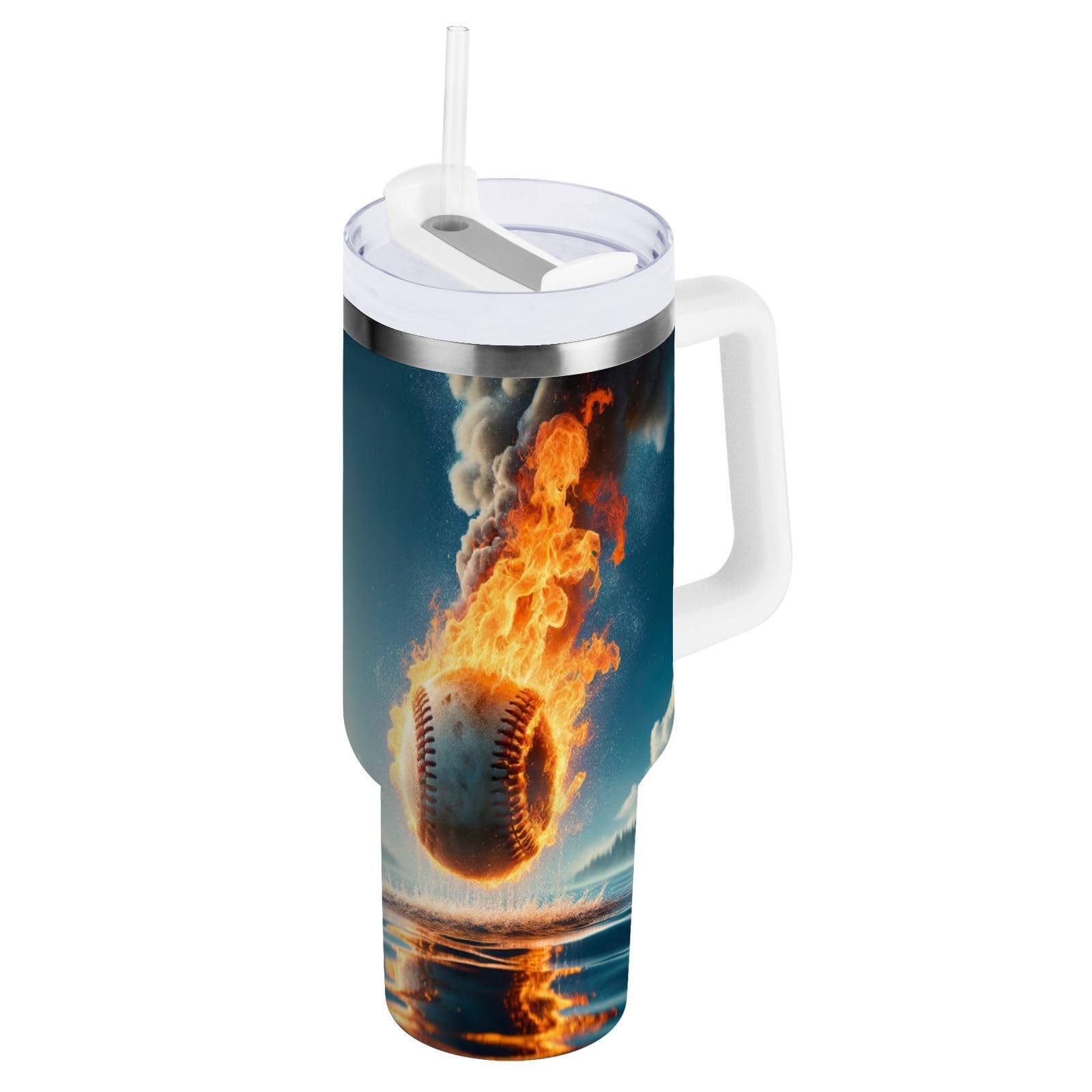 ODAWA Fire Water Baseball 30 Oz Water Tumbler with Lid and Straw Insulated Cup