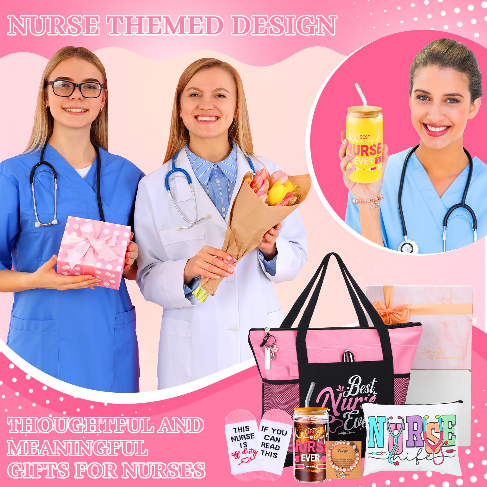 Funnymoom 7 Pcs Nurse Gifts 16 oz Glass Cup Set Nursing Graduation Appreciation Practitioner Birthday Gifts Box for Women Doctors Assistant