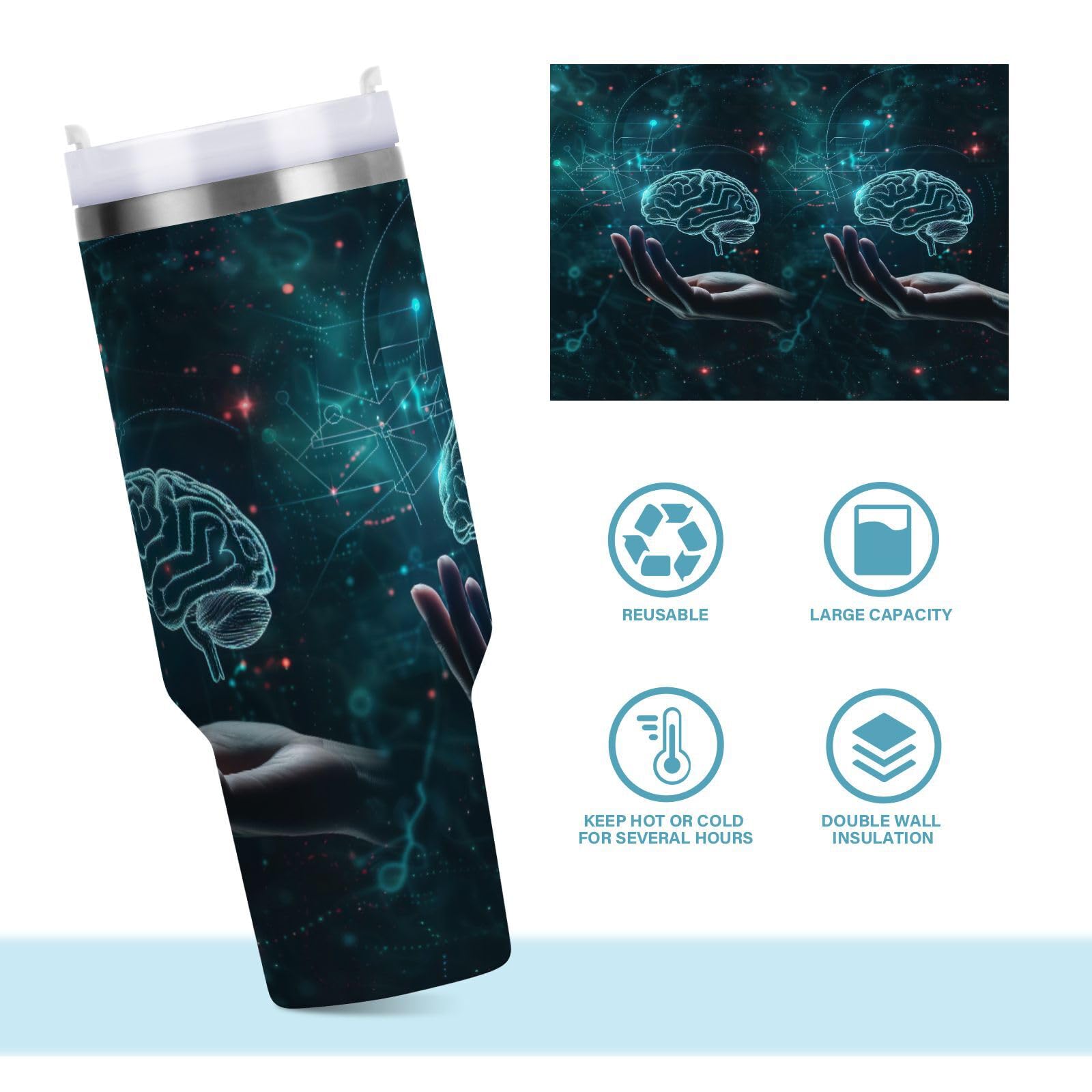 ODAWA AI Brain Hand Coffee Tumbler with Handle Double Wall Tumbler Reusable Stainless Steel Cups