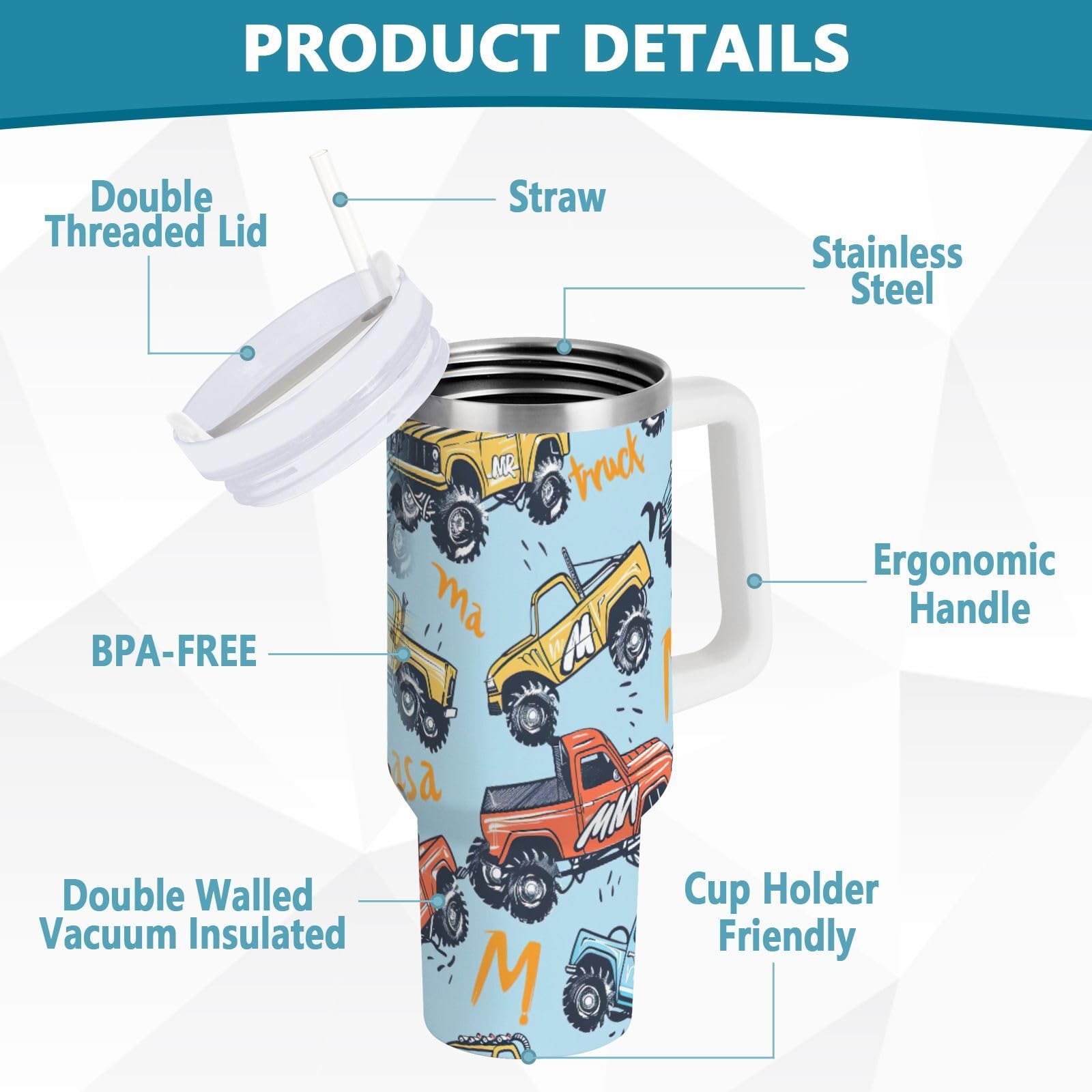 ODAWA Colorful Monster Trucks Travel Mug with Handle Tumbler Cup Reusable Stainless Steel Water Bottle