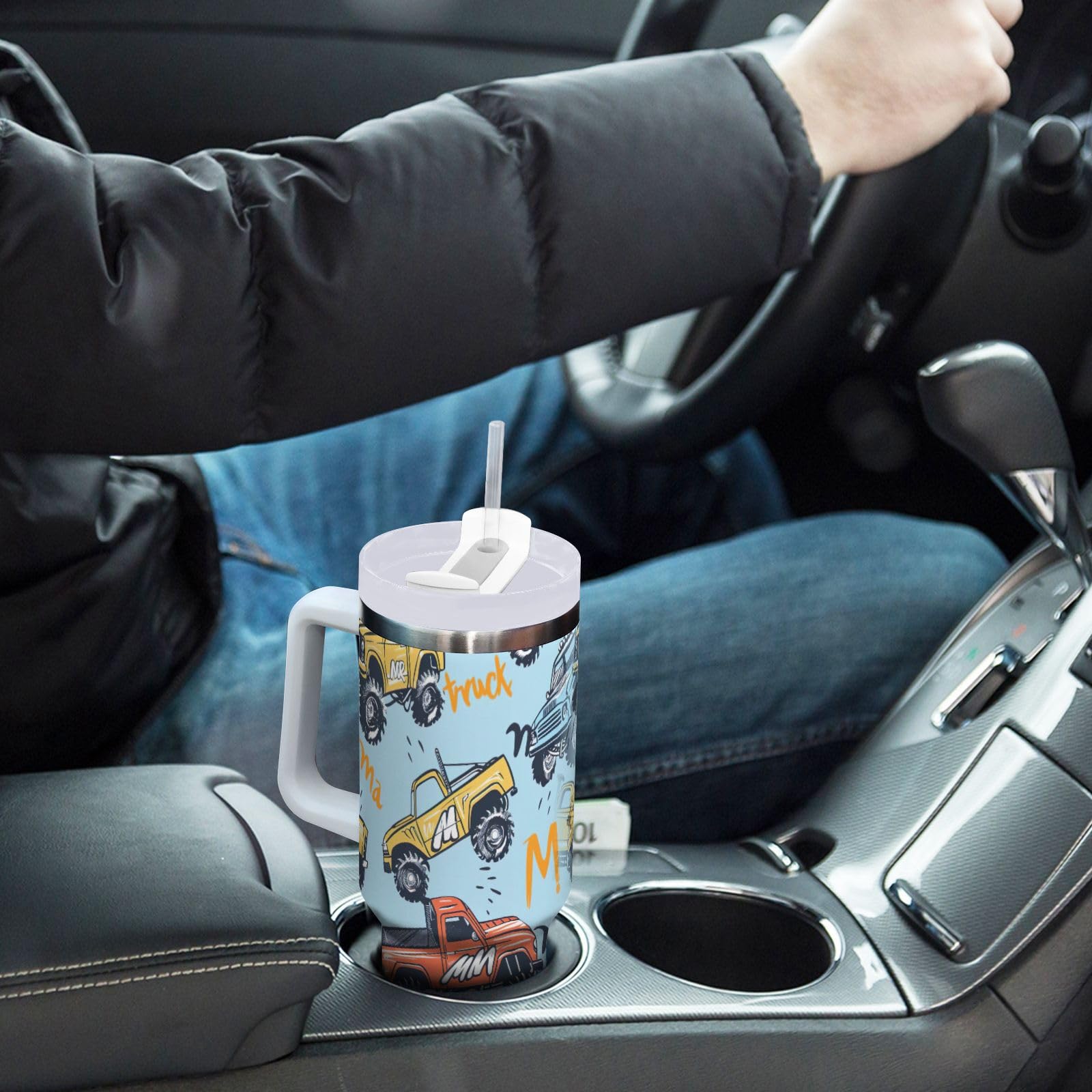 ODAWA Colorful Monster Trucks Travel Mug with Handle Tumbler Cup Reusable Stainless Steel Water Bottle