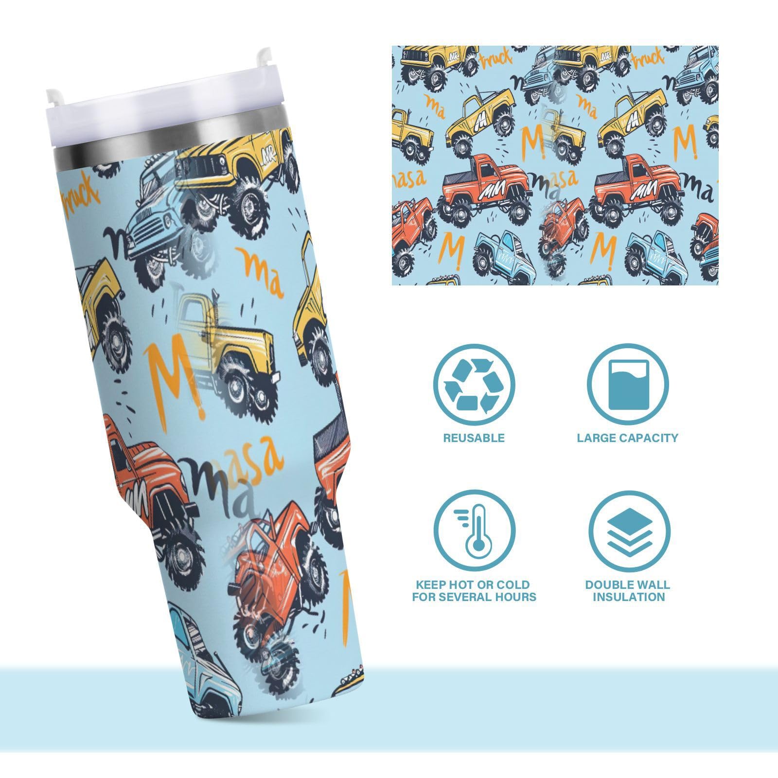 ODAWA Colorful Monster Trucks Travel Mug with Handle Tumbler Cup Reusable Stainless Steel Water Bottle