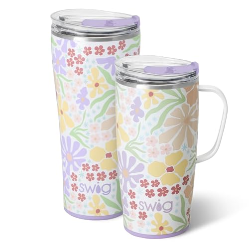Swig Life Fresh Cut XL Set, 32oz Triple Insulated Tumbler with Lid + 22oz Travel Mug with Handle and Lid, Stainless Steel, Dishwasher Safe, Cup Holder Friendly Coffee Mugs