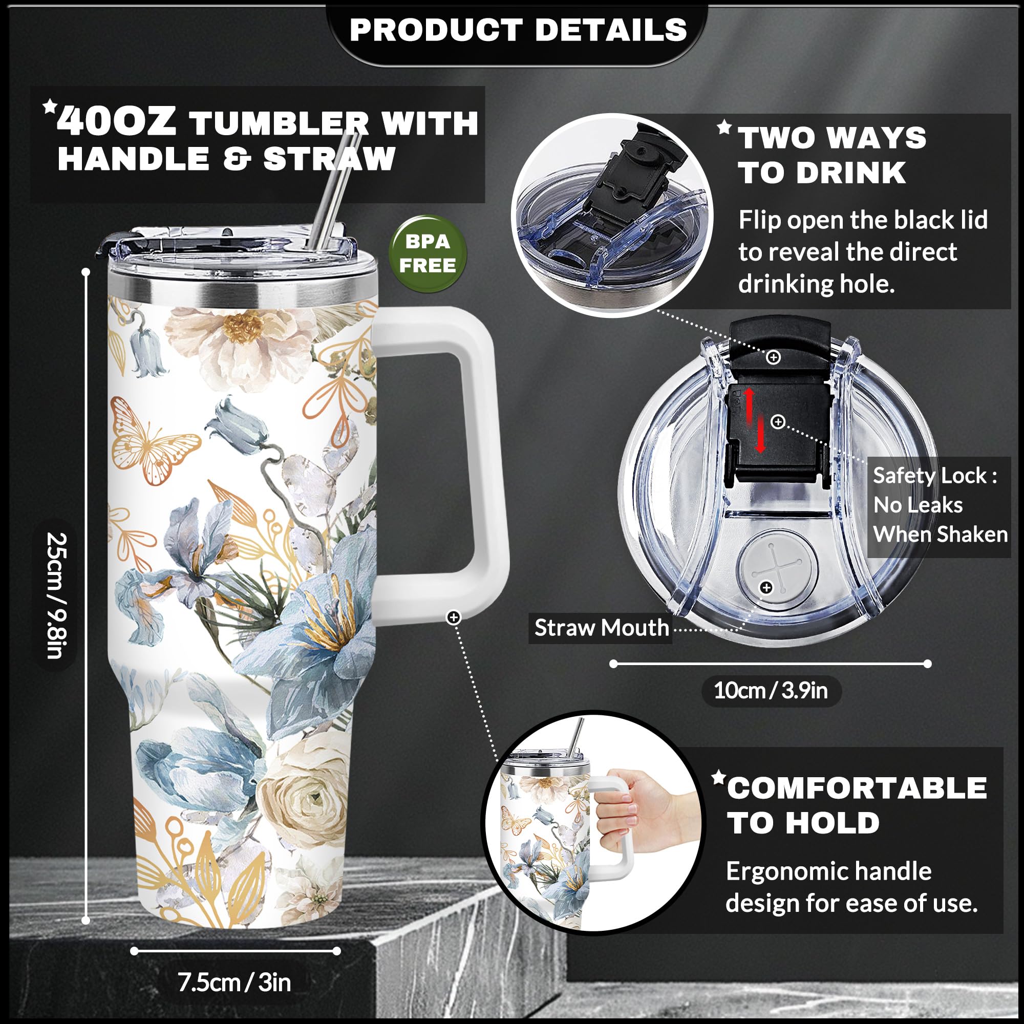 BMYDIY Personalized Mothers Day Birthday Gift for Mom, Customizable 40 Oz Tumbler with Handle Leak-proof Lid and Straw, Custom Extra Large Stainless Steel Insulated Cup/Coffee Mug/Travel Mug with Name