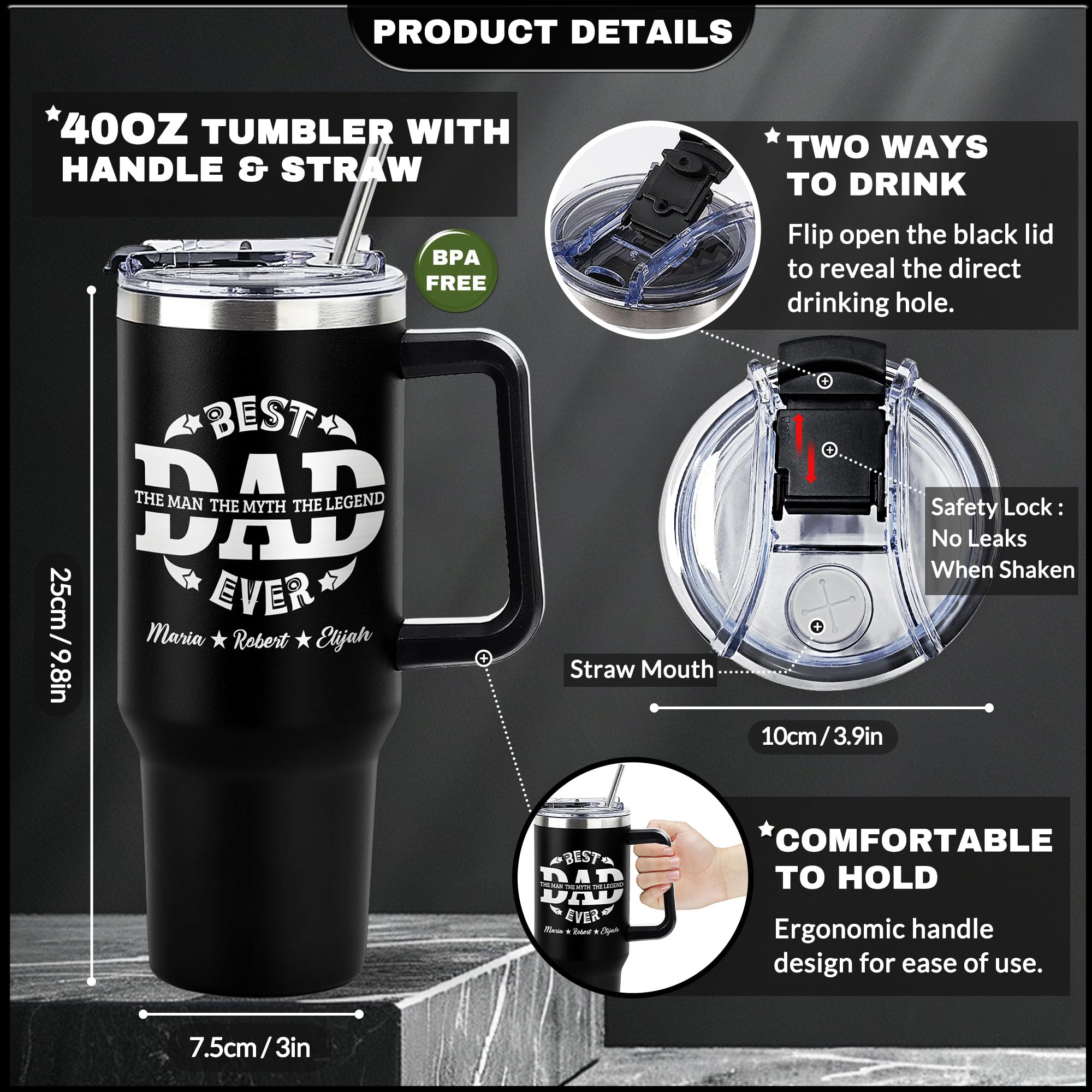 BMYDIY Personalized Fathers Day Birthday Gift for Dad, Customizable 40 Oz Tumbler with Handle Leak-proof Lid and Straw, Custom Extra Large Stainless Steel Insulated Cup/Coffee Mug/Travel Mug with Name
