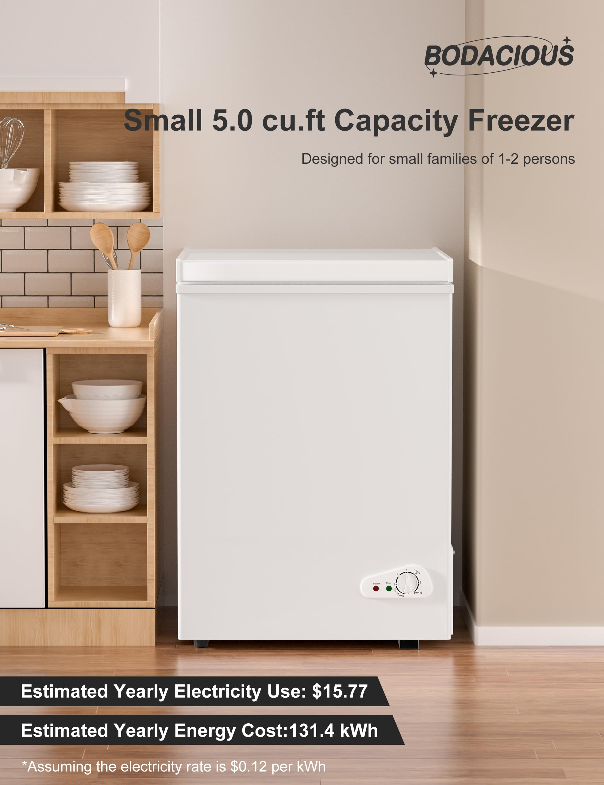Bodacious Ultra Quiet Deep Freezer - 5.0 Cu Ft Compact Chest Freezer with Fast Freeze Performance, Low Power Consumption, Ideal for Home, Restaurant, and Small Shops