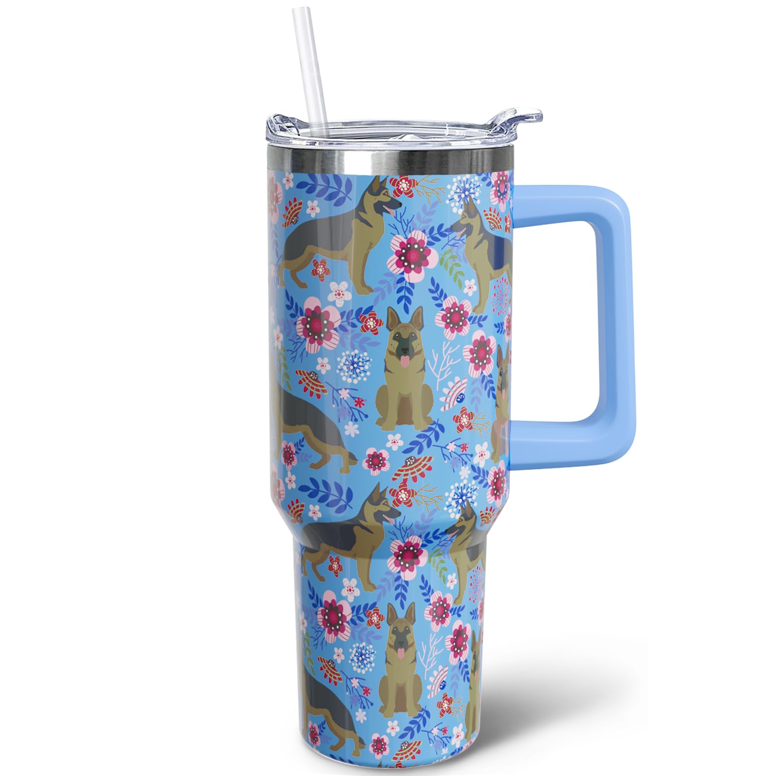 puhnhsv 40 oz German Shepherd Tumbler with Handle, Insulated Stainless Dog Tumbler Coffee Travel Mugs Cup Water Bottle German Shepherd Lovers Gifts for Women Girls
