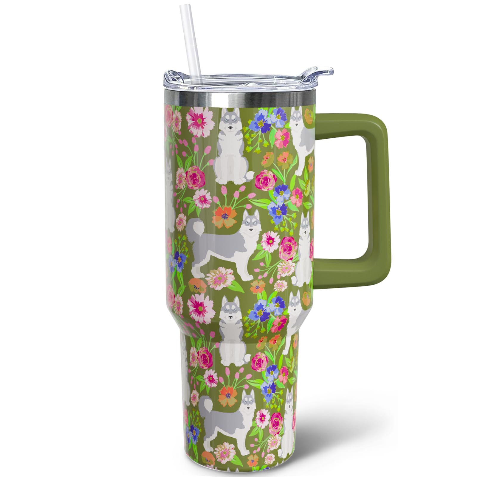 puhnhsv 40 oz Husky Tumbler with Handle, Insulated Stainless Dog Tumbler Coffee Travel Mugs Cup Water Bottle Husky Lovers Gifts for Women Girls