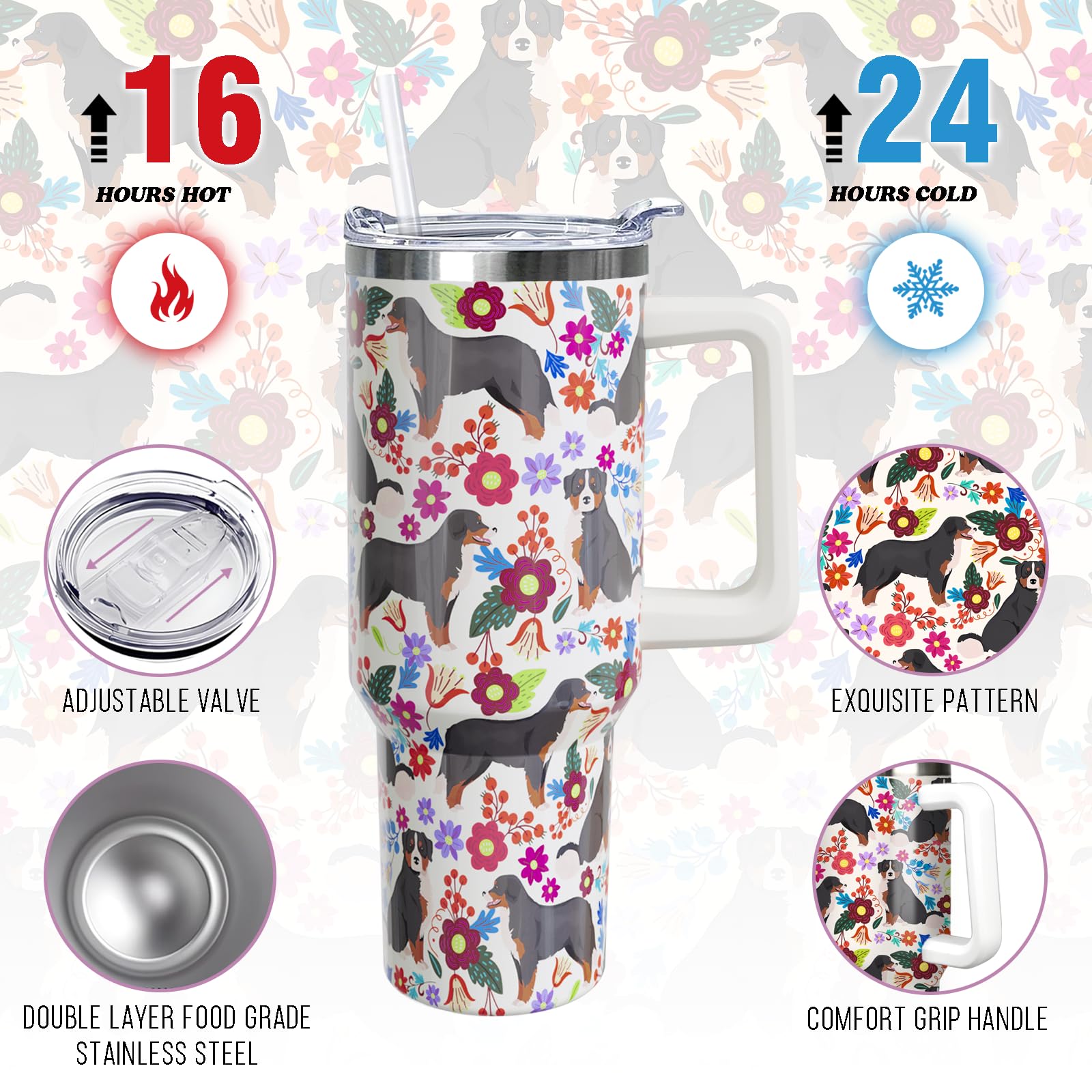 puhnhsv 40 oz Bernese Mountain Dog Tumbler with Handle, Insulated Cup Bernese Mountain Lovers Gifts