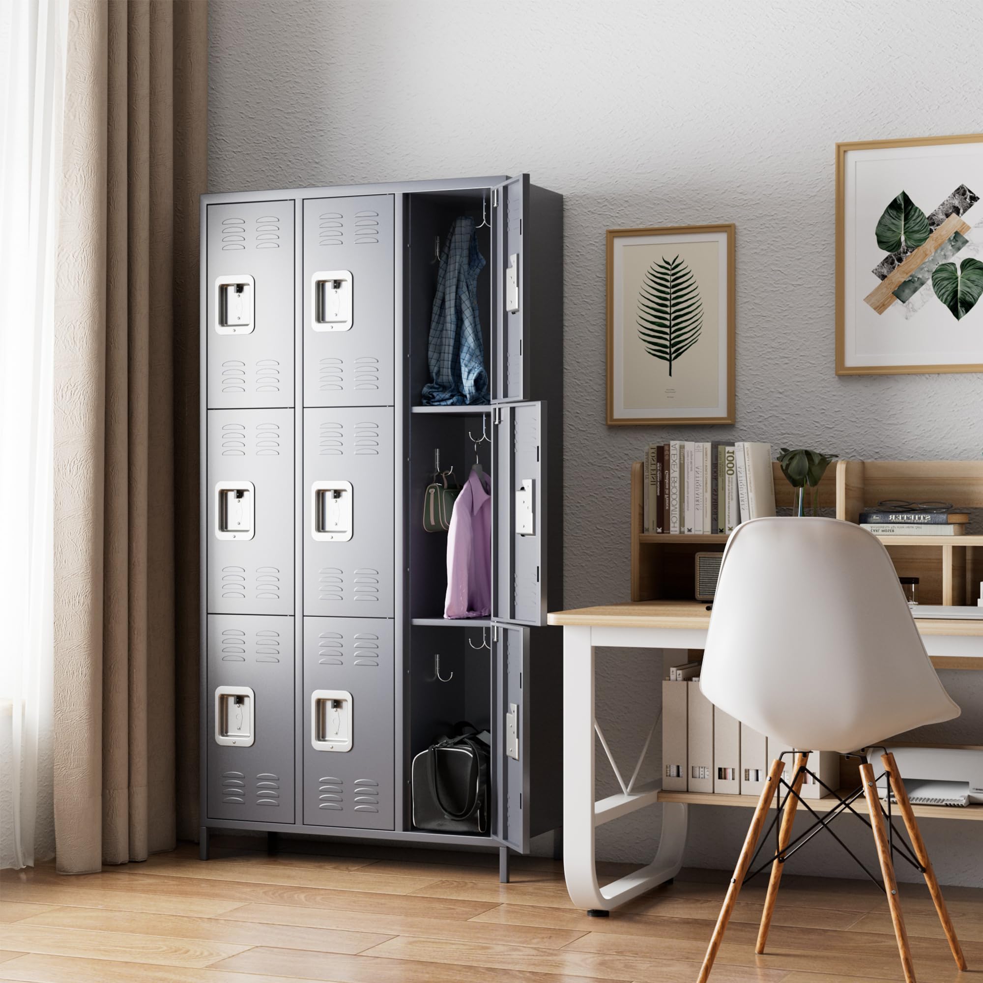 SUPEER 9 Doors Metal Storage Locker with 27 Hooks,Metal Lockers for Employees with Lock for School Office Gym Bedroom,Assembly Required,Dark Grey