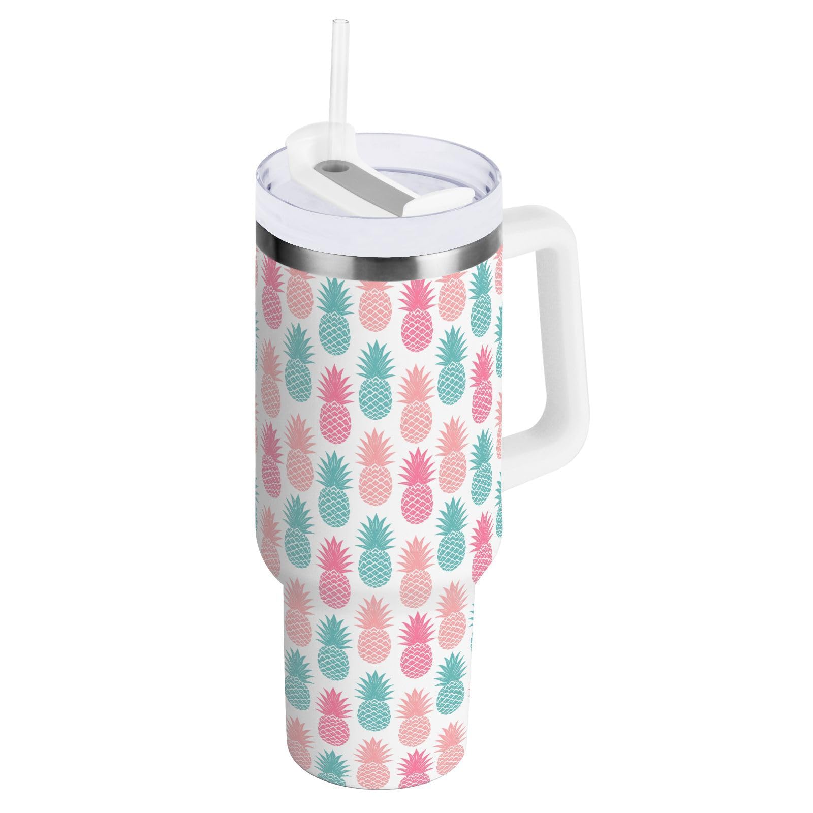 IHCVHQX Tumbler With Handle and Straw 40oz Pink Blue Pineapple Print Insulated Tumbler Cups Stainless Steel Travel Coffee Mug