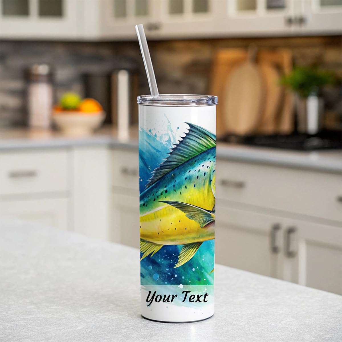 Personalized Custom Name Text Mahi Mahi Fish Watercolor Skinny Tumbler 20oz with Straw Insulated Water Bottle Gift - 1 Line Horizontal
