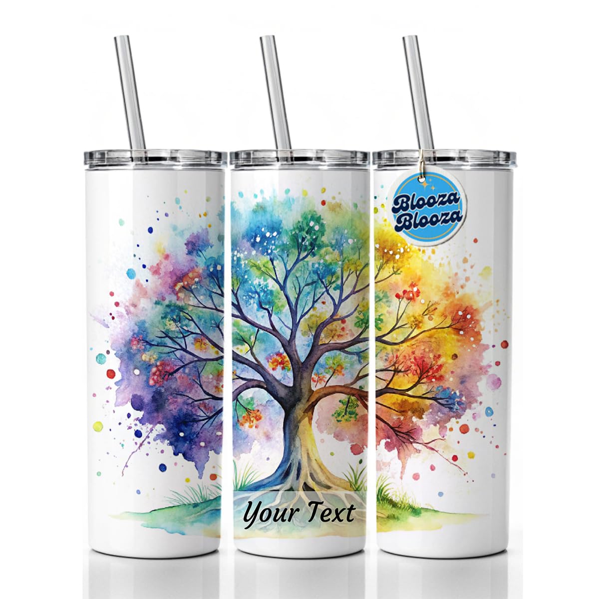 Personalized Custom Name Text Tree Of Life Rainbow Watercolor Skinny Tumbler 20oz with Straw Insulated Water Bottle Gift - 1 Line Horizontal