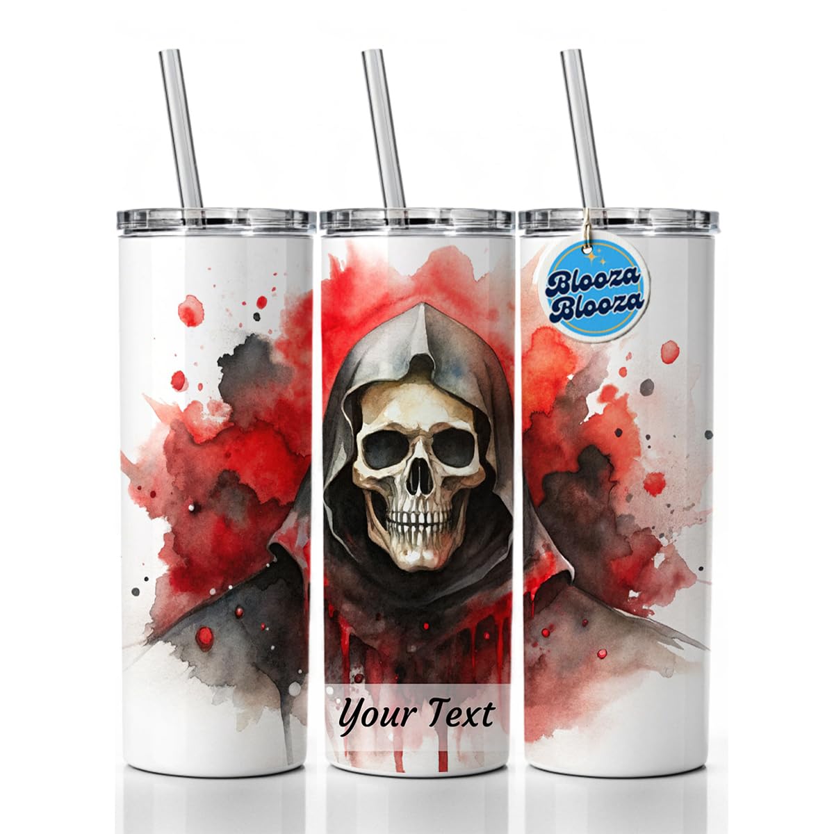 Personalized Custom Name Text Death Grim Reaper Black Red Shades Watercolor Skinny Tumbler 20oz with Straw Insulated Water Bottle Gift - 1 Line Horizontal