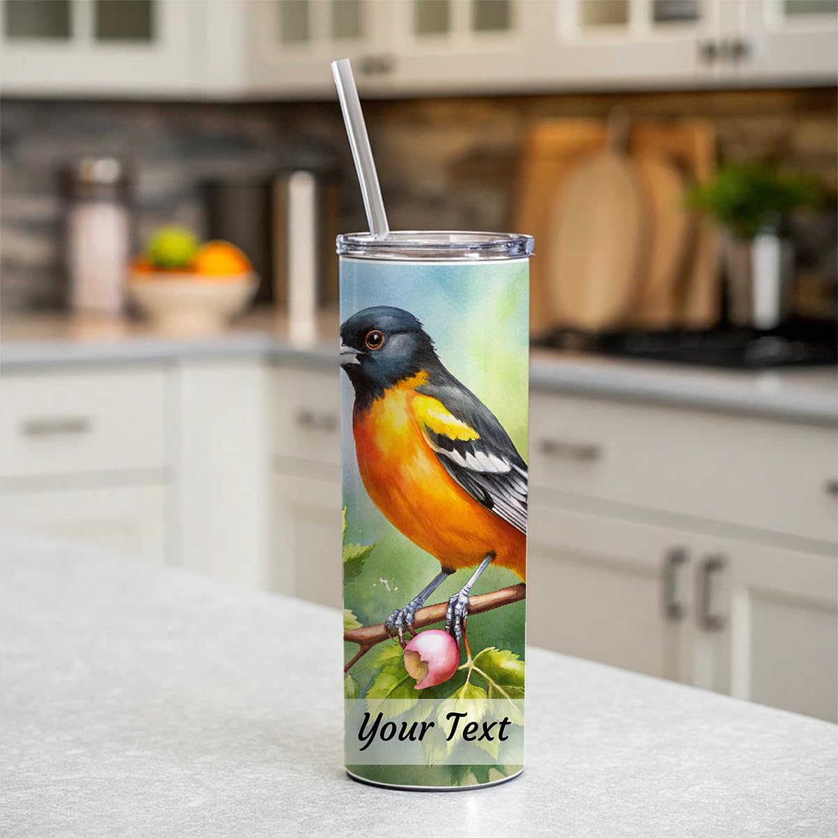 Personalized Custom Name Text Oriole In Tree Bird Watercolor Skinny Tumbler 20oz with Straw Insulated Water Bottle Gift - 1 Line Horizontal
