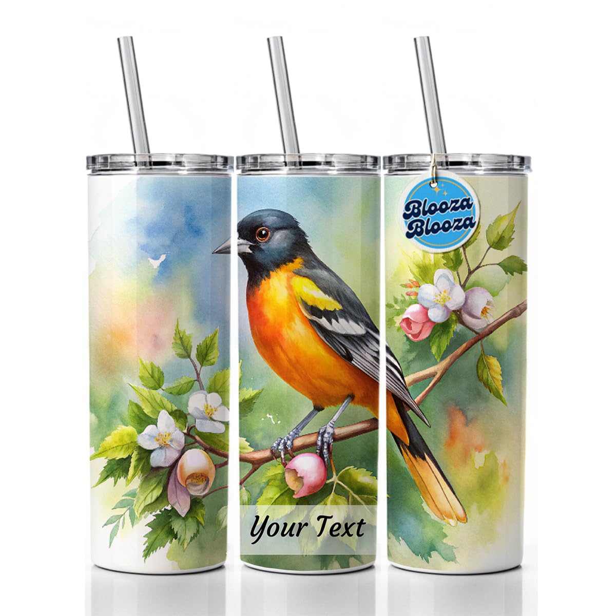 Personalized Custom Name Text Oriole In Tree Bird Watercolor Skinny Tumbler 20oz with Straw Insulated Water Bottle Gift - 1 Line Horizontal