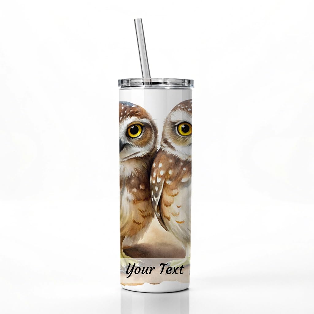 Personalized Custom Name Text Pair Of Burrowing Owls Bird Watercolor Skinny Tumbler 20oz with Straw Insulated Water Bottle Gift - 1 Line Horizontal