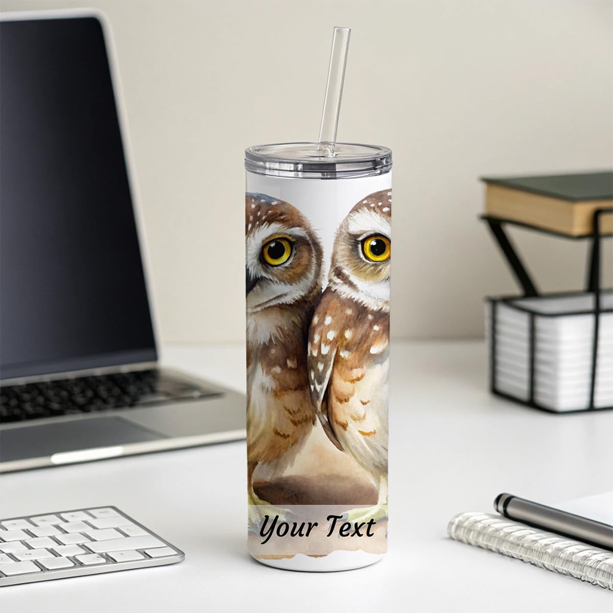 Personalized Custom Name Text Pair Of Burrowing Owls Bird Watercolor Skinny Tumbler 20oz with Straw Insulated Water Bottle Gift - 1 Line Horizontal