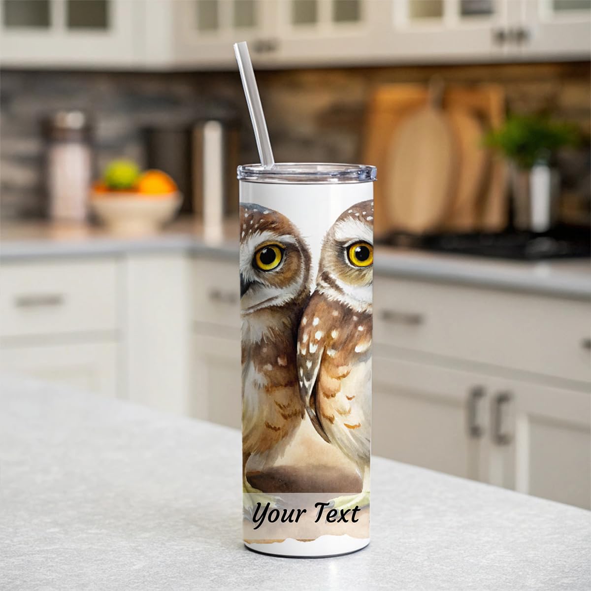 Personalized Custom Name Text Pair Of Burrowing Owls Bird Watercolor Skinny Tumbler 20oz with Straw Insulated Water Bottle Gift - 1 Line Horizontal