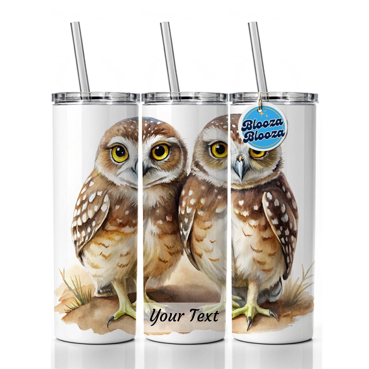 Personalized Custom Name Text Pair Of Burrowing Owls Bird Watercolor Skinny Tumbler 20oz with Straw Insulated Water Bottle Gift - 1 Line Horizontal