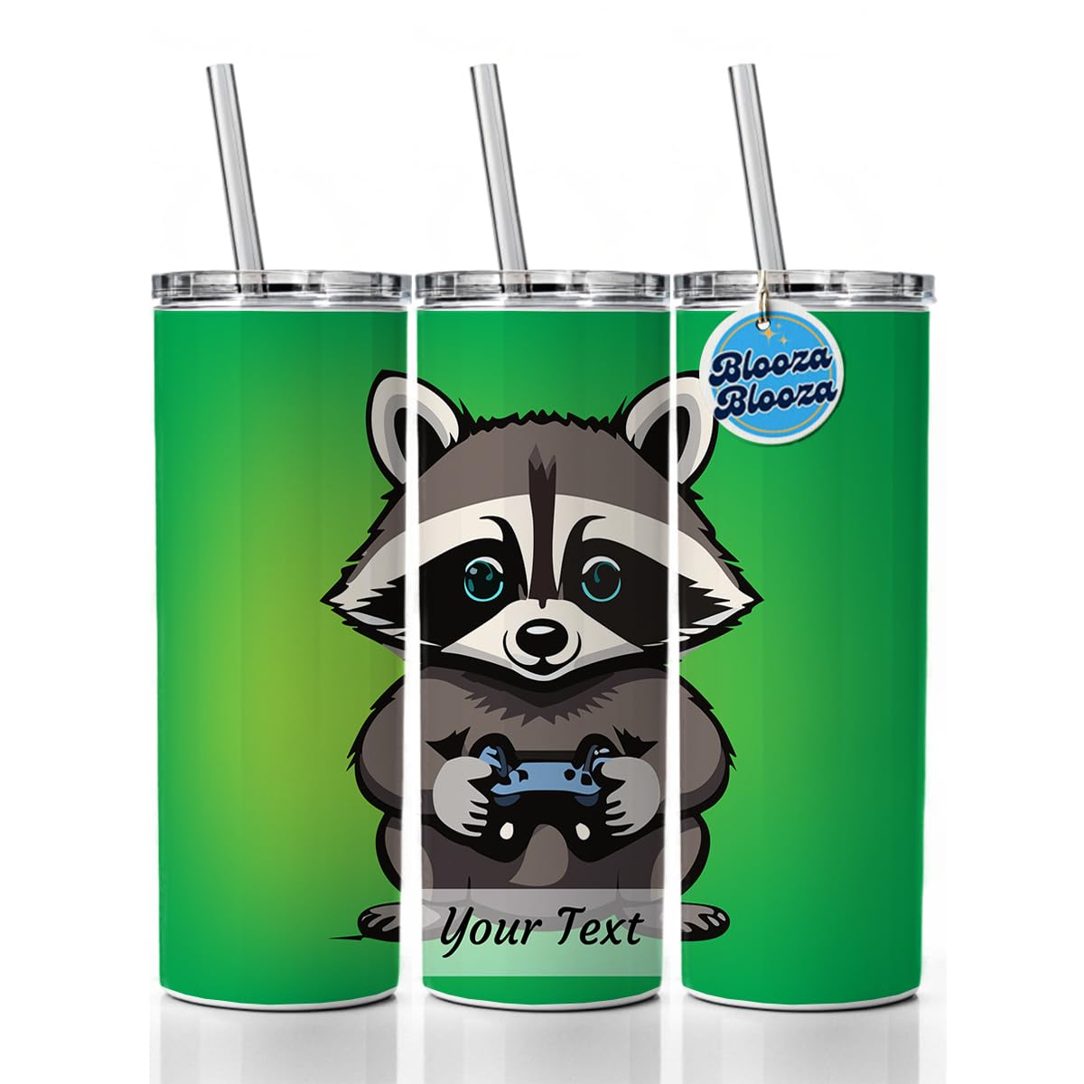 Personalized Custom Name Text Raccoon Gamer Gaming Playing Game Skinny Tumbler 20oz with Straw Insulated Water Bottle Gift - 1 Line Horizontal