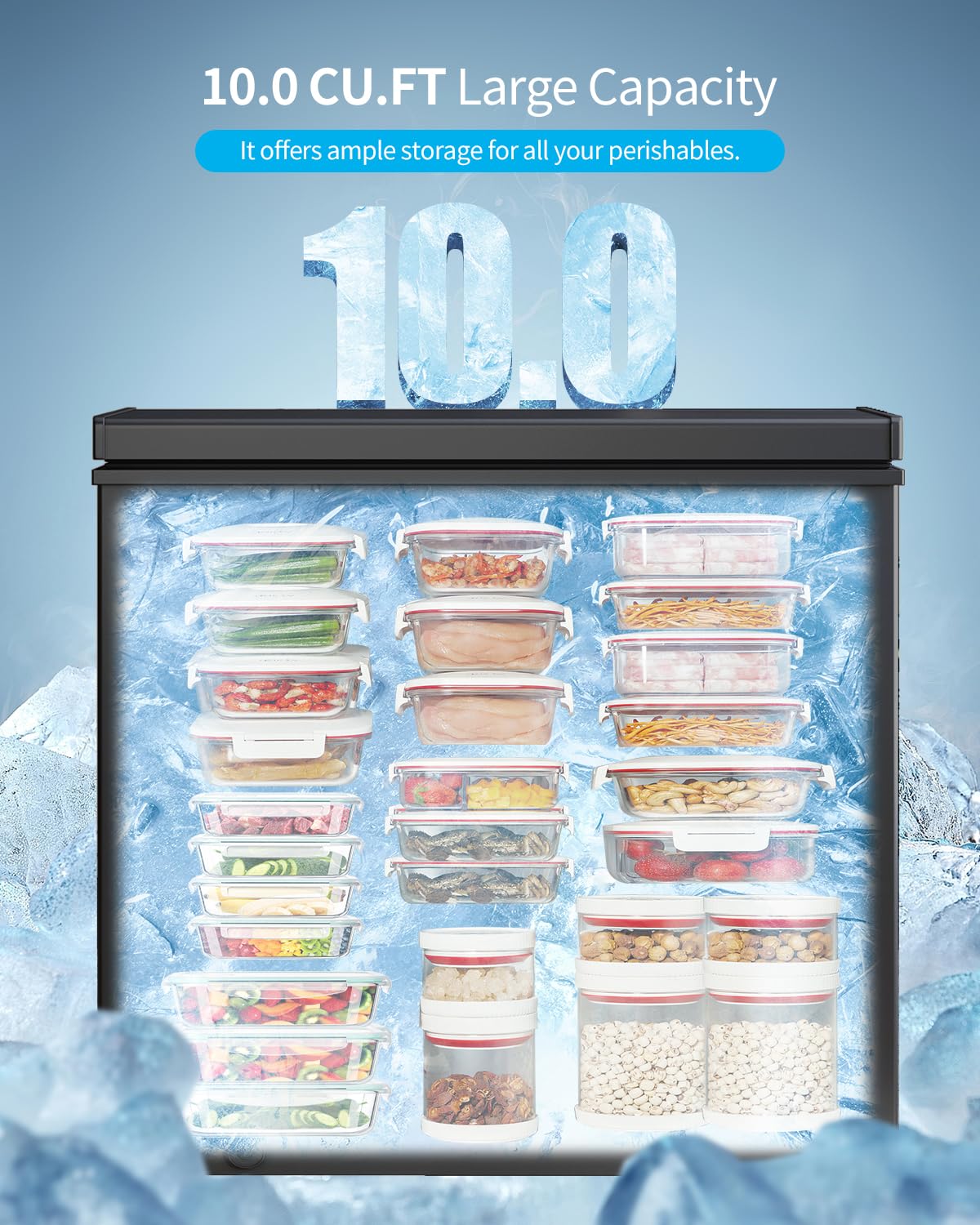 TABU 10 Cu Ft Large Chest Freezer with 7 Level Adjustable Thermostat,Compact Freestanding Top-opening Deep Freezer with Removable Storage Basket, Black