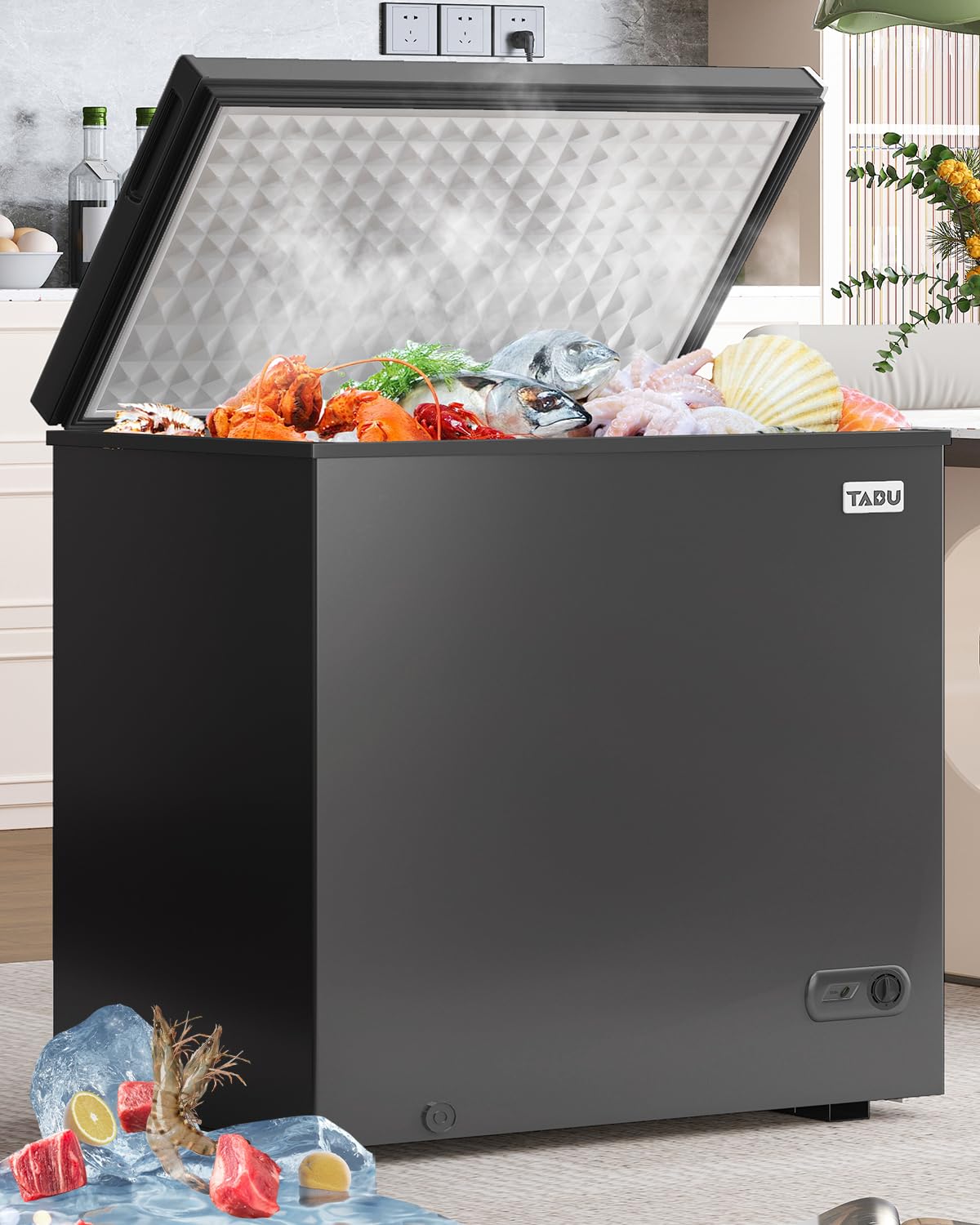 TABU 10 Cu Ft Large Chest Freezer with 7 Level Adjustable Thermostat,Compact Freestanding Top-opening Deep Freezer with Removable Storage Basket, Black