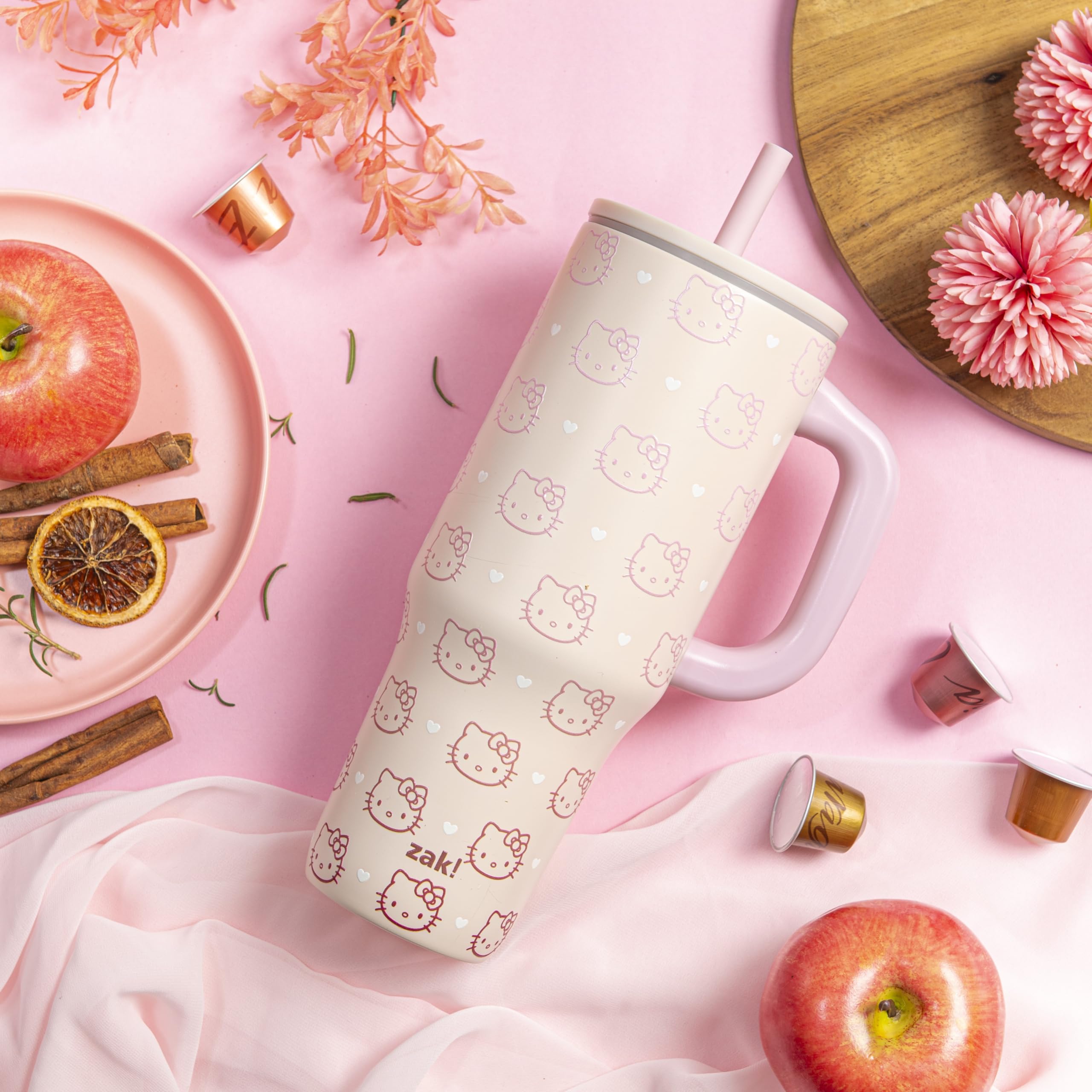 Zak Designs Sanrio Sutton Travel Tumbler for On the Go or At Home, 40oz Stainless Steel with Vacuum Insulation, Silicone Straw, Carry Handle, and 3D Artwork for Cold Drinks (Hello Kitty)