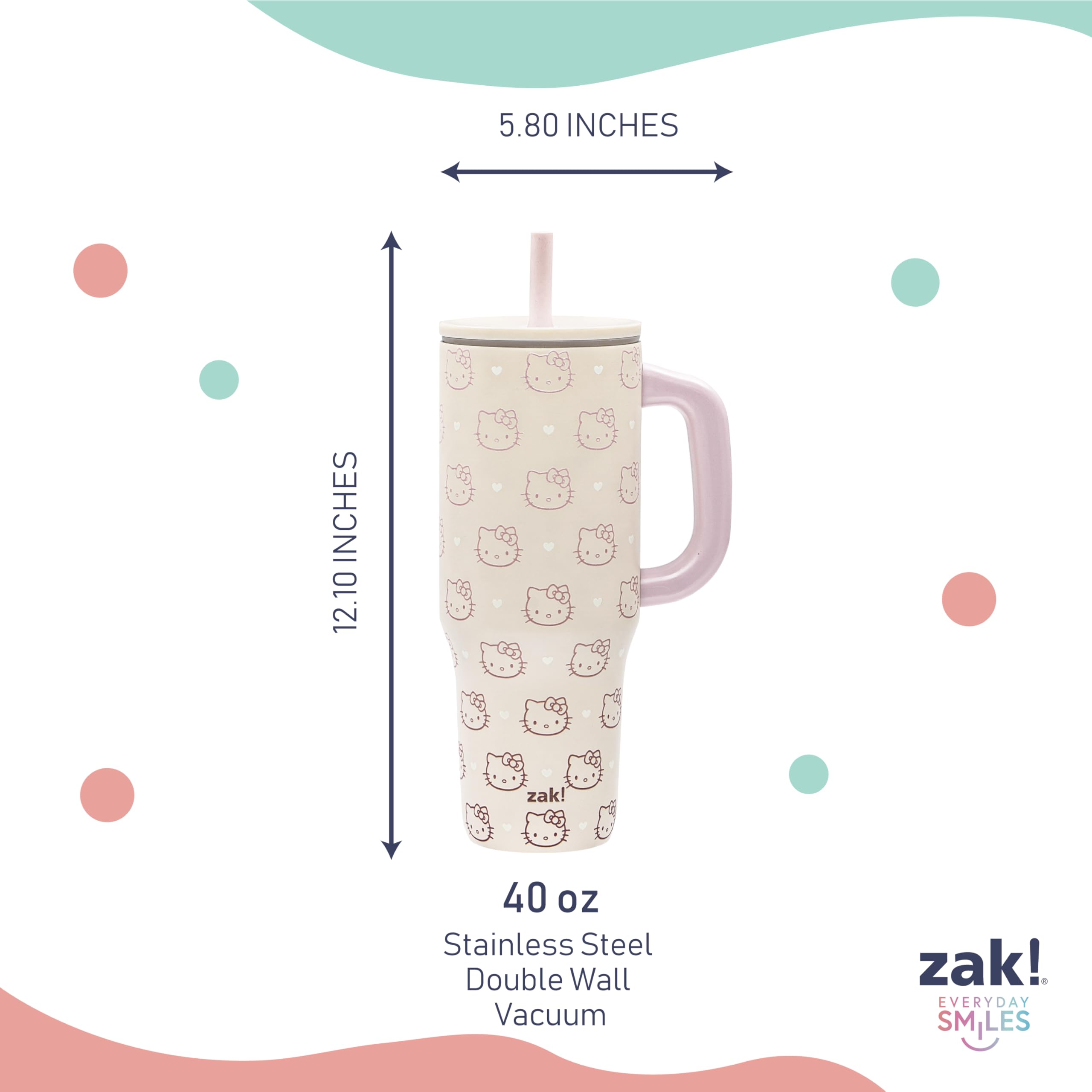 Zak Designs Sanrio Sutton Travel Tumbler for On the Go or At Home, 40oz Stainless Steel with Vacuum Insulation, Silicone Straw, Carry Handle, and 3D Artwork for Cold Drinks (Hello Kitty)