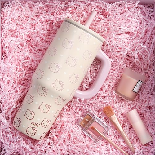 Zak Designs Sanrio Sutton Travel Tumbler for On the Go or At Home, 40oz Stainless Steel with Vacuum Insulation, Silicone Straw, Carry Handle, and 3D Artwork for Cold Drinks (Hello Kitty)
