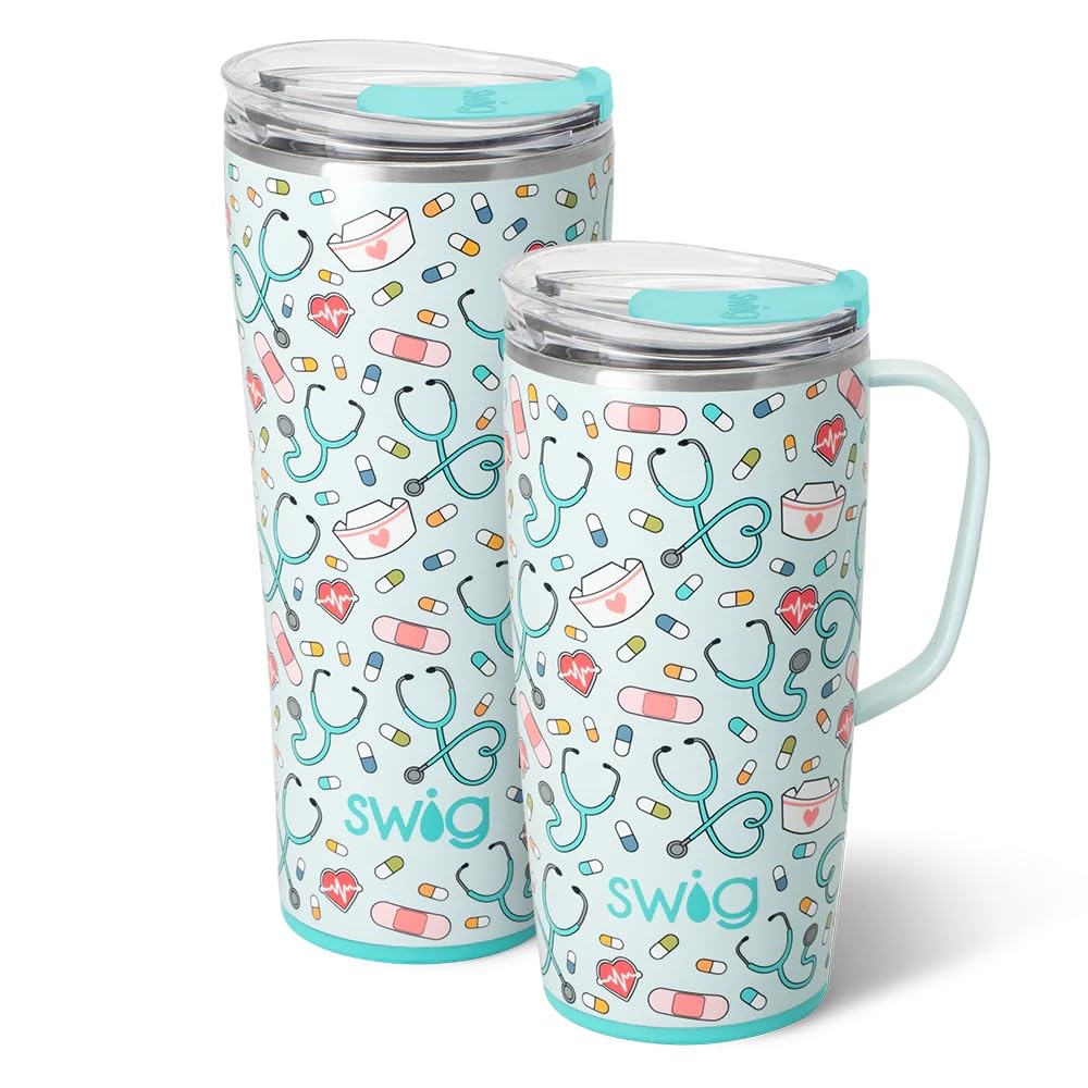 Swig Life Scrub Life XL Set, 32oz Triple Insulated Tumbler with Lid + 22oz Travel Mug with Handle and Lid, Stainless Steel, Dishwasher Safe, Cup Holder Friendly Coffee Mugs