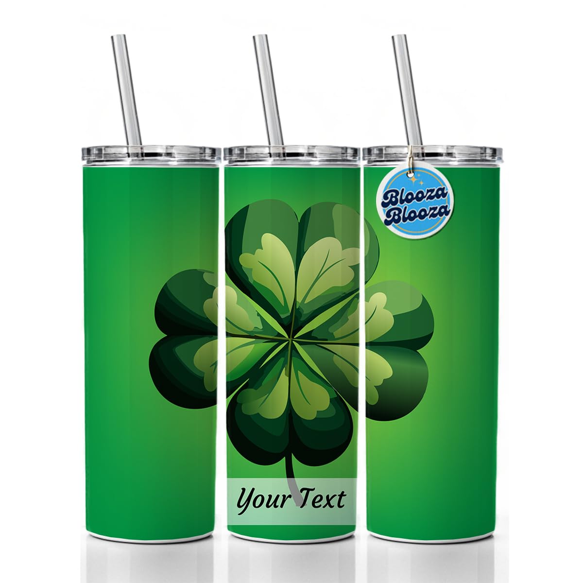 Personalized Custom Name Text Four Leaf Clover 4 Lucky St Patrick's Day Skinny Tumbler 20oz with Straw Insulated Water Bottle Gift - 1 Line Horizontal