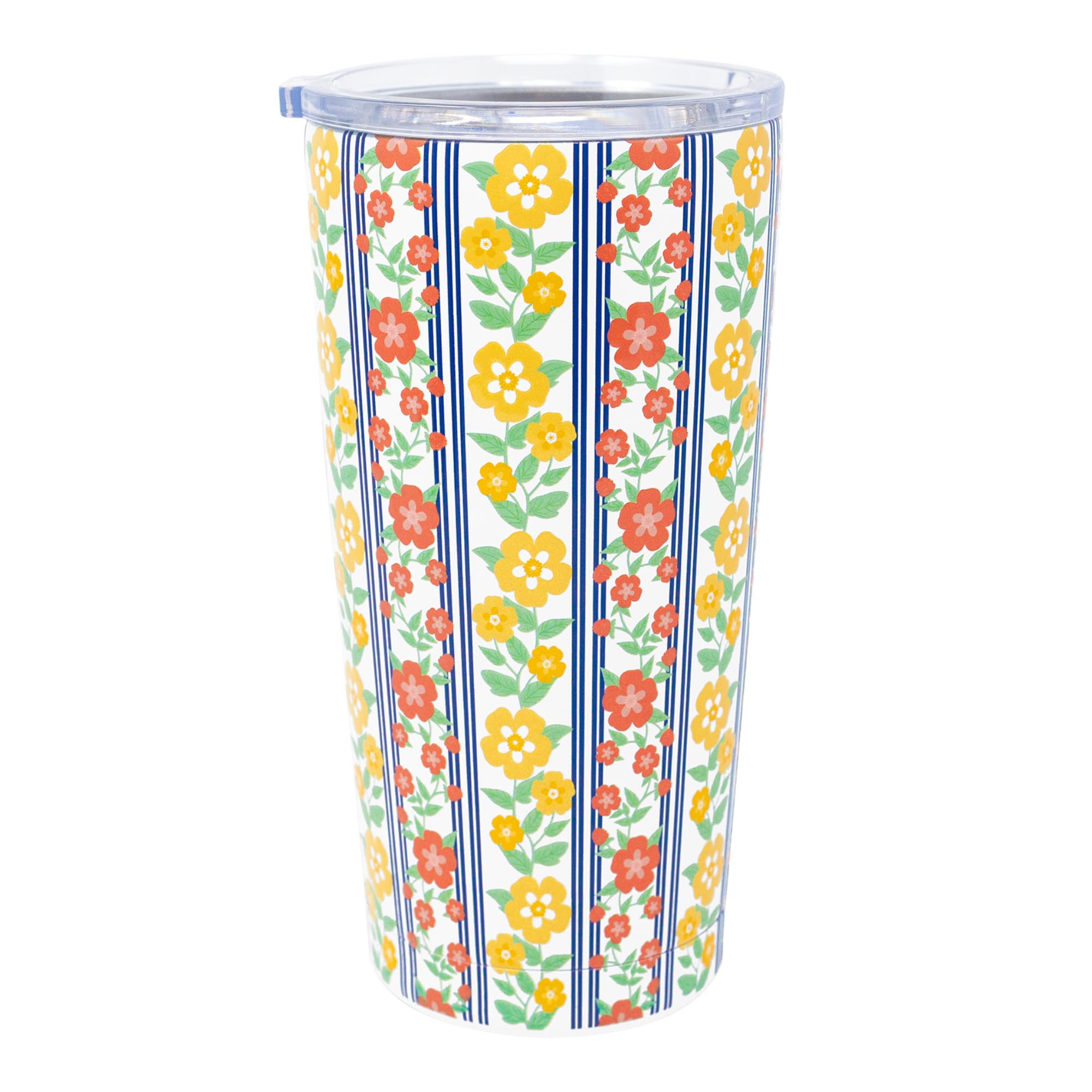 Martha Stewart Insulated Coffee Tumbler, 16 Ounce Stainless Steel Travel Mug with Lid, Double-Wall Design for Hot or Cold Beverages, Floral Stripe