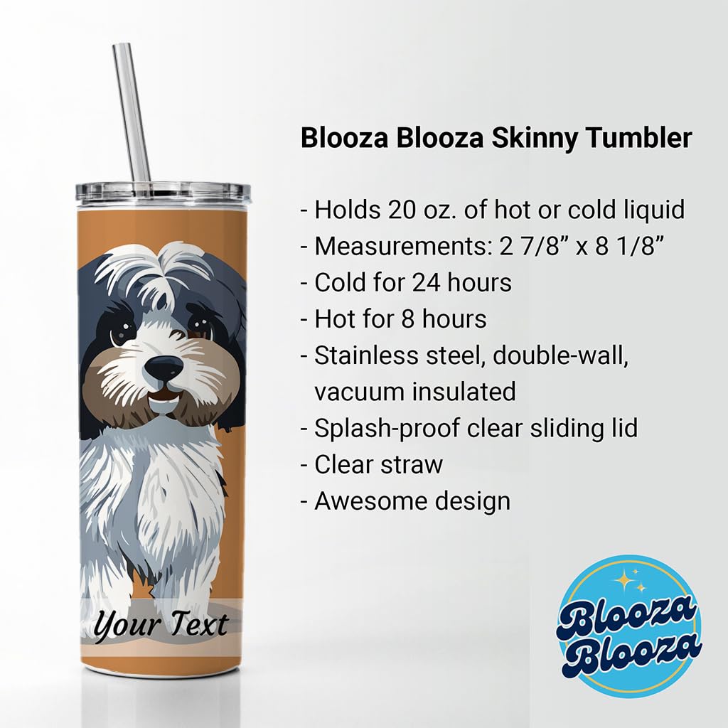 Personalized Custom Name Text Havanese Dog Standing Skinny Tumbler 20oz with Straw Insulated Water Bottle Gift - 1 Line Horizontal