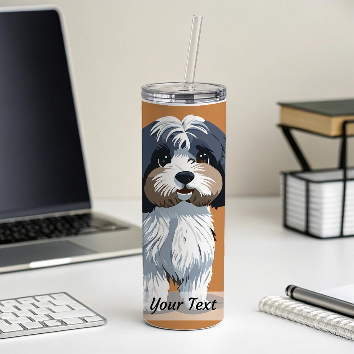 Personalized Custom Name Text Havanese Dog Standing Skinny Tumbler 20oz with Straw Insulated Water Bottle Gift - 1 Line Horizontal