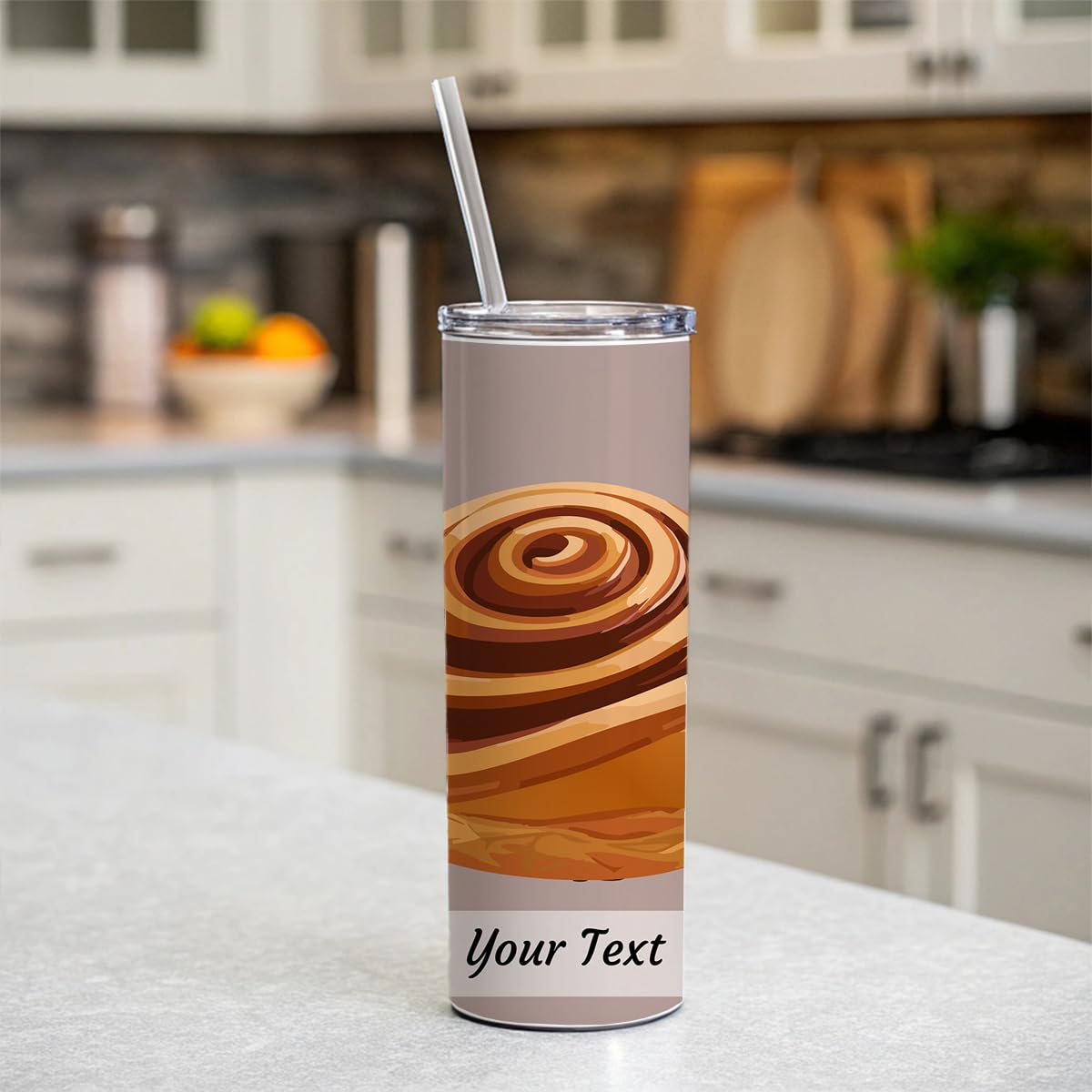 Personalized Custom Name Text Cinnamon Roll Bun Skinny Tumbler 20oz with Straw Insulated Water Bottle Gift - 1 Line Horizontal