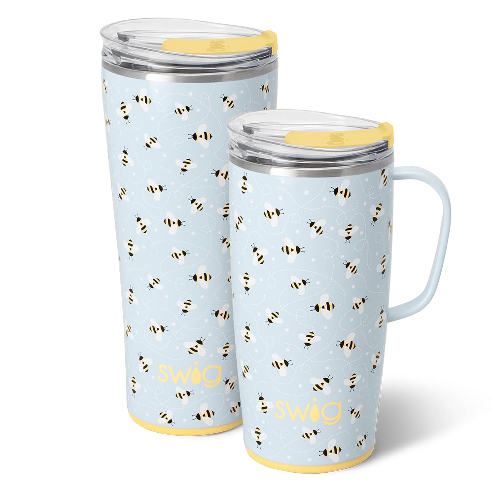 Swig Life Busy Bee XL Set, 32oz Triple Insulated Tumbler with Lid + 22oz Travel Mug with Handle and Lid, Stainless Steel, Dishwasher Safe, Cup Holder Friendly Coffee Mugs