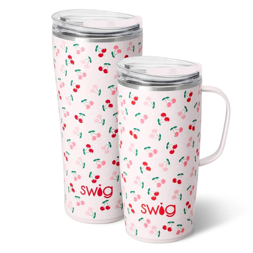 Swig Life Cherry Pie XL Set, 32oz Triple Insulated Tumbler with Lid + 22oz Travel Mug with Handle and Lid, Stainless Steel, Dishwasher Safe, Cup Holder Friendly Coffee Mugs