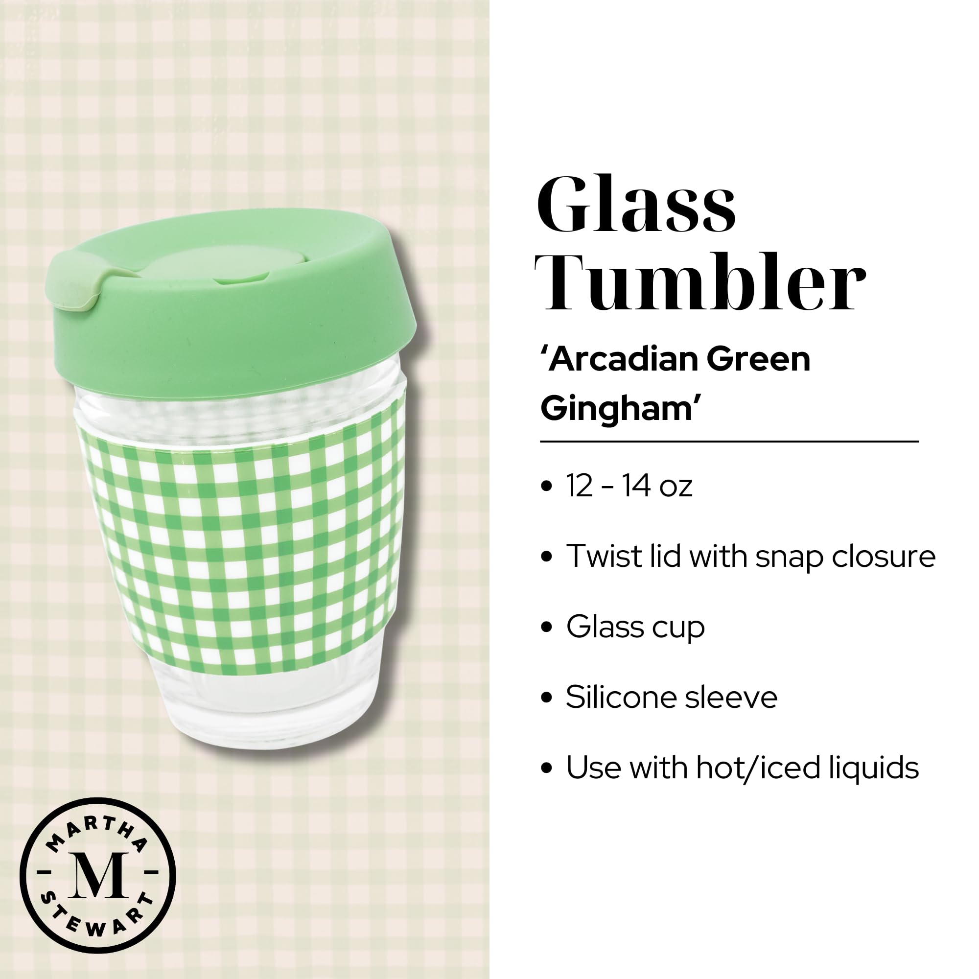 Martha Stewart Glass Tumbler, 12 Ounce Travel Coffee Mug with Splashproof Lid & Green Gingham Silicone Sleeve, Hot or Cold Beverages, Arcadian Green Gingham