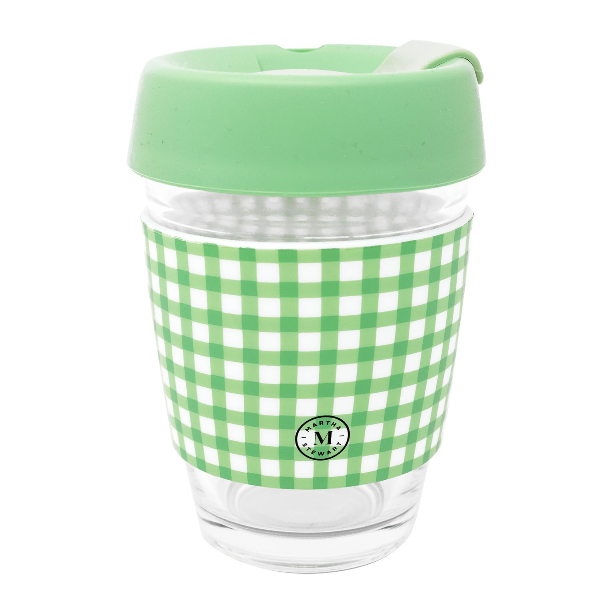 Martha Stewart Glass Tumbler, 12 Ounce Travel Coffee Mug with Splashproof Lid & Green Gingham Silicone Sleeve, Hot or Cold Beverages, Arcadian Green Gingham