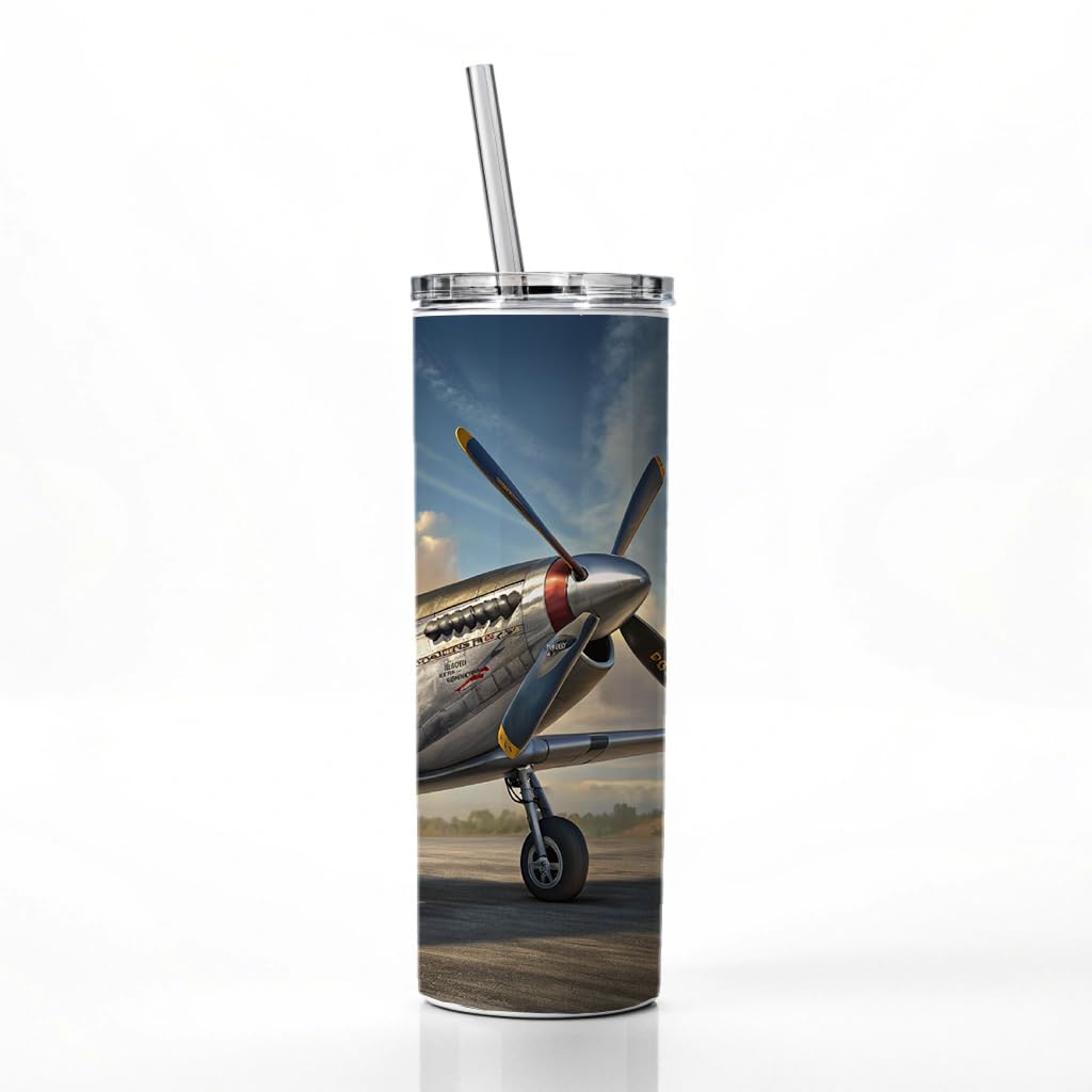 P-51 Mustang WWII US Fighter Plane Skinny Tumbler 20oz with Straw Insulated Water Bottle Gift