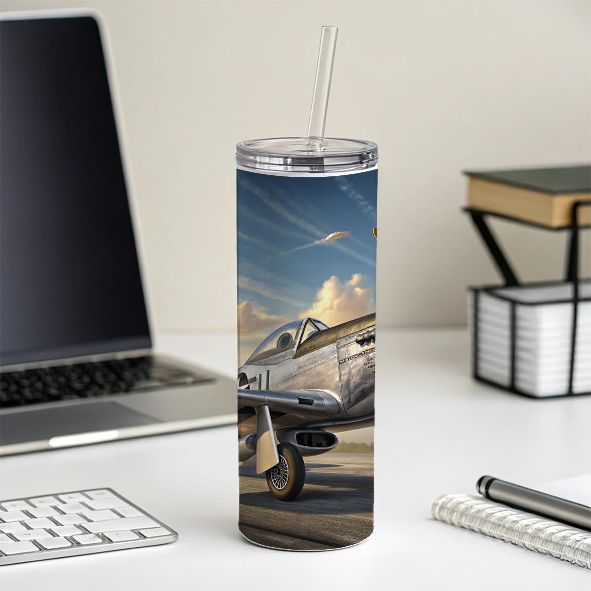 P-51 Mustang WWII US Fighter Plane Skinny Tumbler 20oz with Straw Insulated Water Bottle Gift
