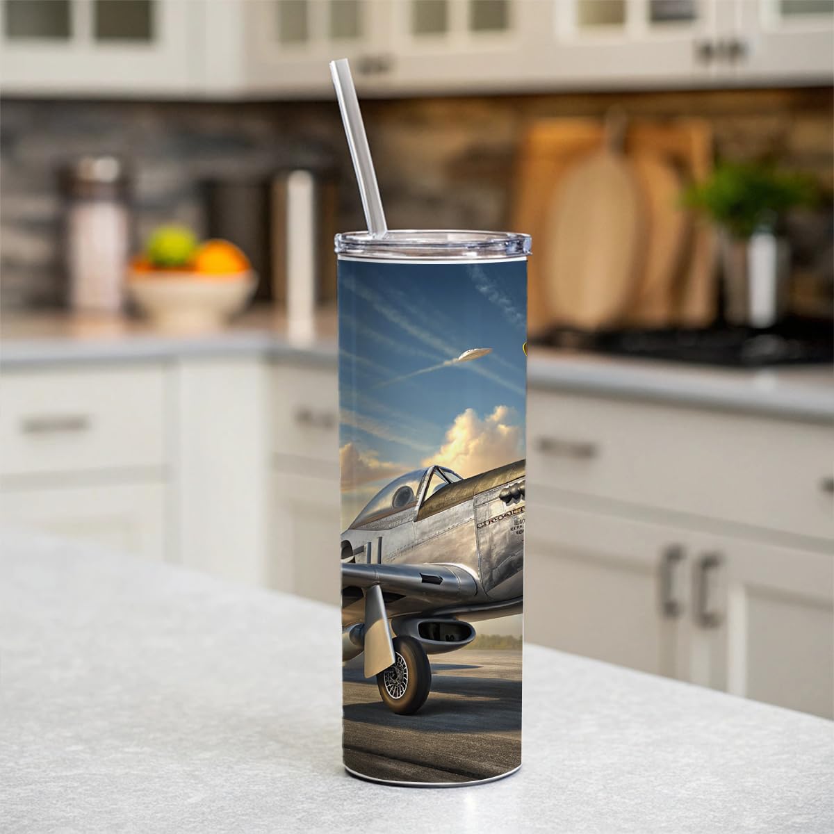 P-51 Mustang WWII US Fighter Plane Skinny Tumbler 20oz with Straw Insulated Water Bottle Gift