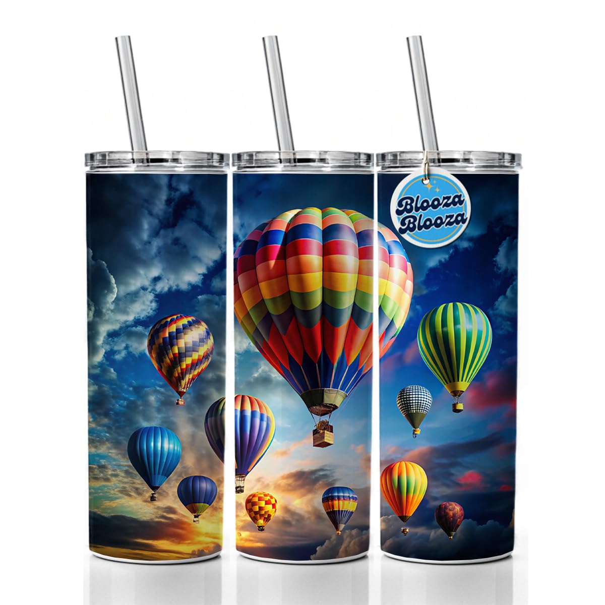 Hot Air Balloons Against a Cloud Covered Deep Blue Sky Skinny Tumbler 20oz with Straw Insulated Water Bottle Gift