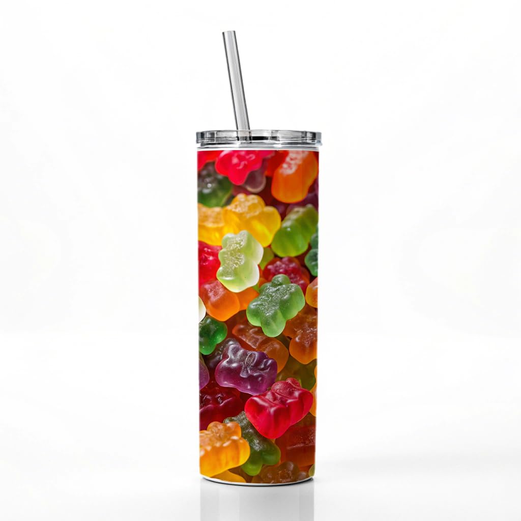 Lots of Gummi Bears Skinny Tumbler 20oz with Straw Insulated Water Bottle Gift